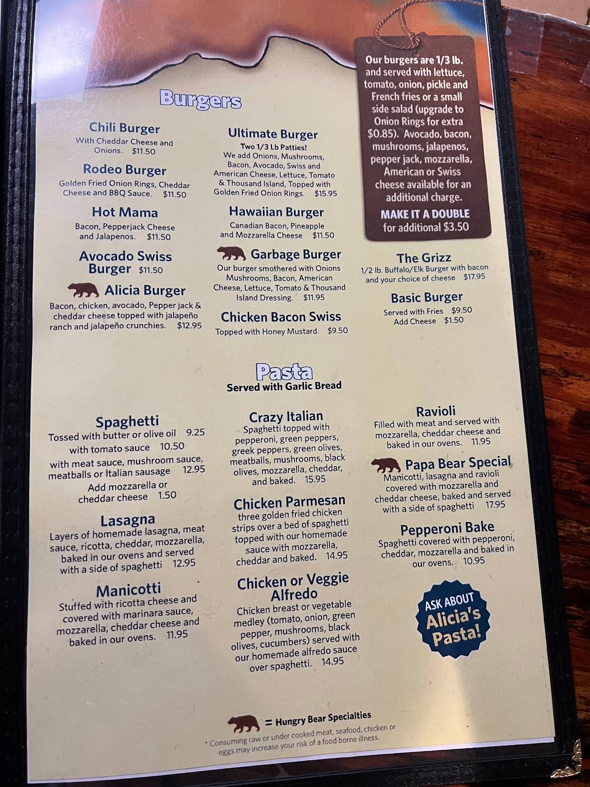 Menu at Hungry Bear Restaurant, Cody