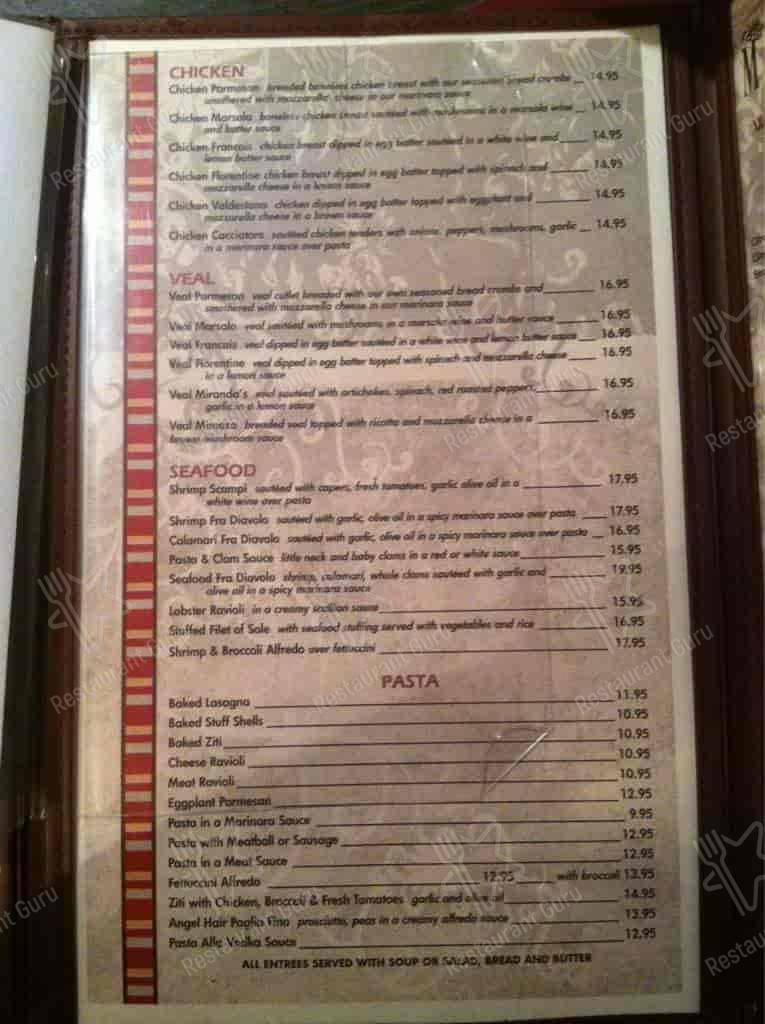 Menu at Miranda's Pizza & Restaurant, Southbury