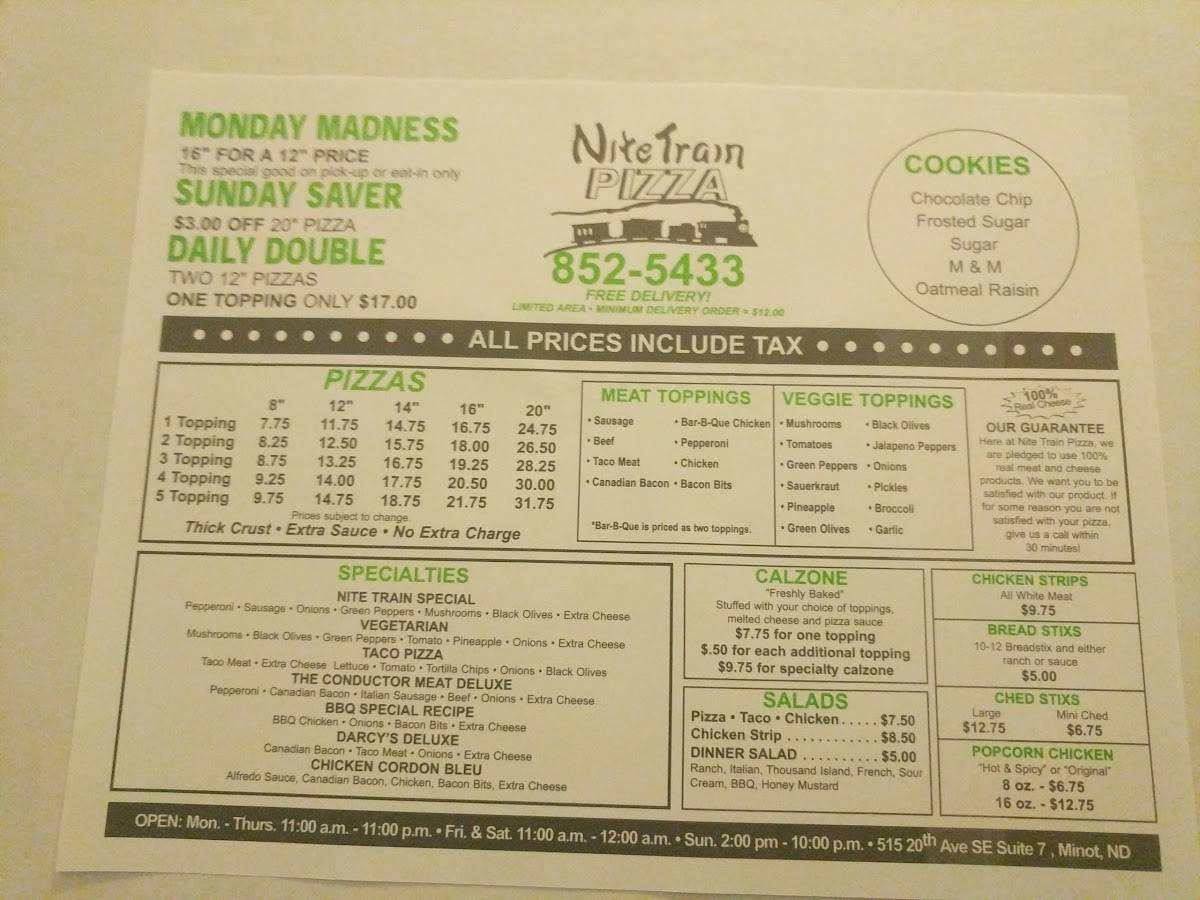 Menu at Nite Train Pizza pizzeria, Minot, 515 20th Ave SE