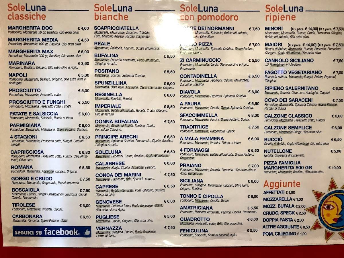 Menu at Pizzeria Verace Contemporanea SoleLuna, Chiari