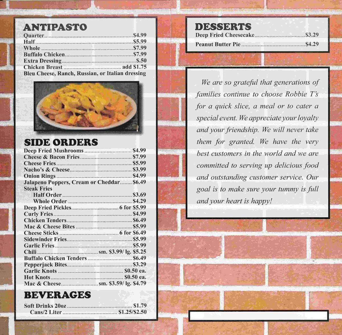 Menu at Robbie T's Pizza pizzeria, Jamesville