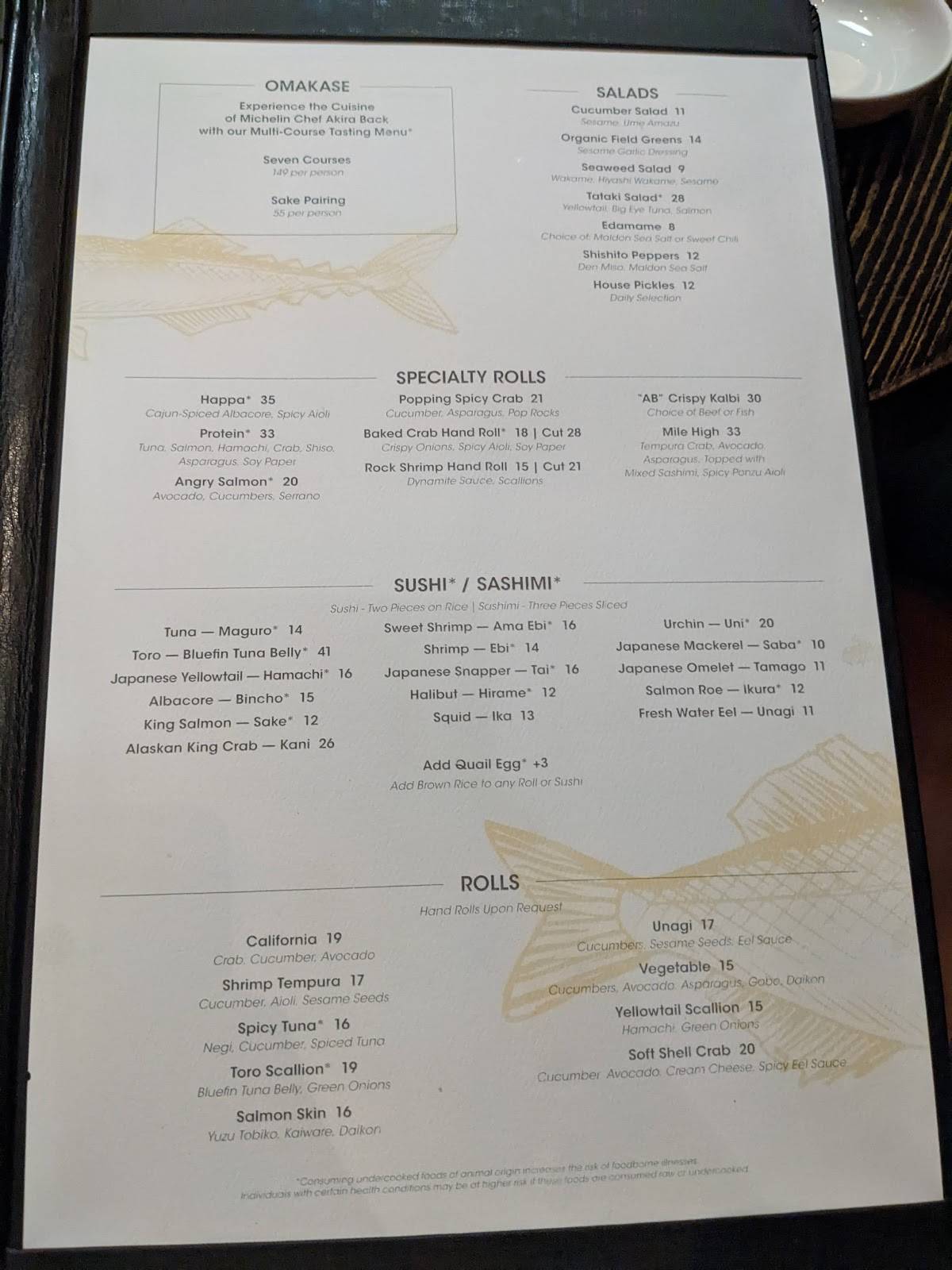Menu at Yellowtail Japanese Restaurant & Lounge, Las Vegas