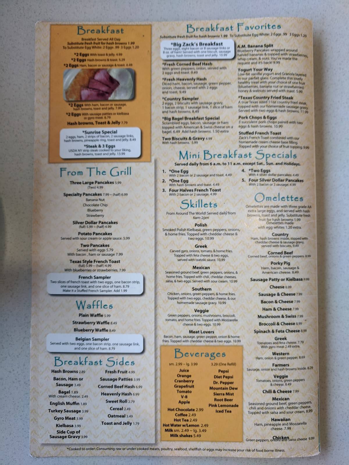 Menu at Zack's of Plymouth restaurant, Plymouth