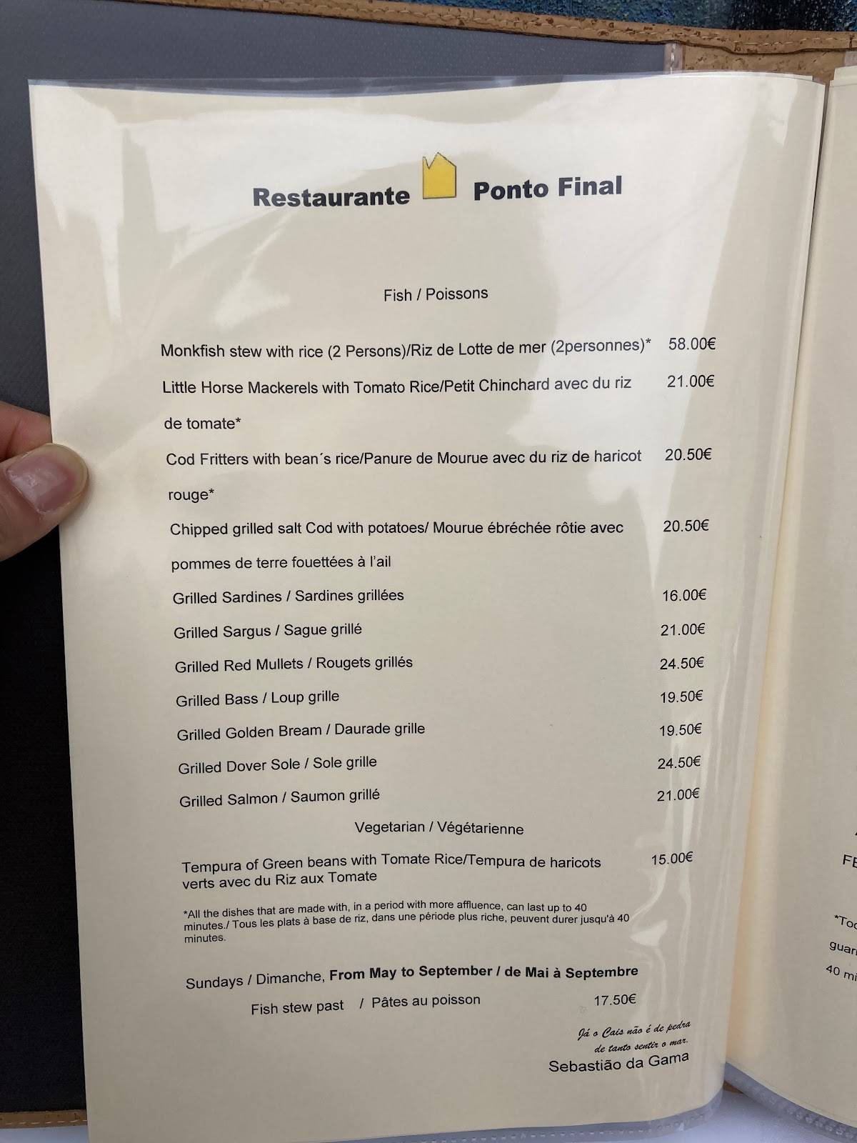 Menu at Ponto Final restaurant, Almada