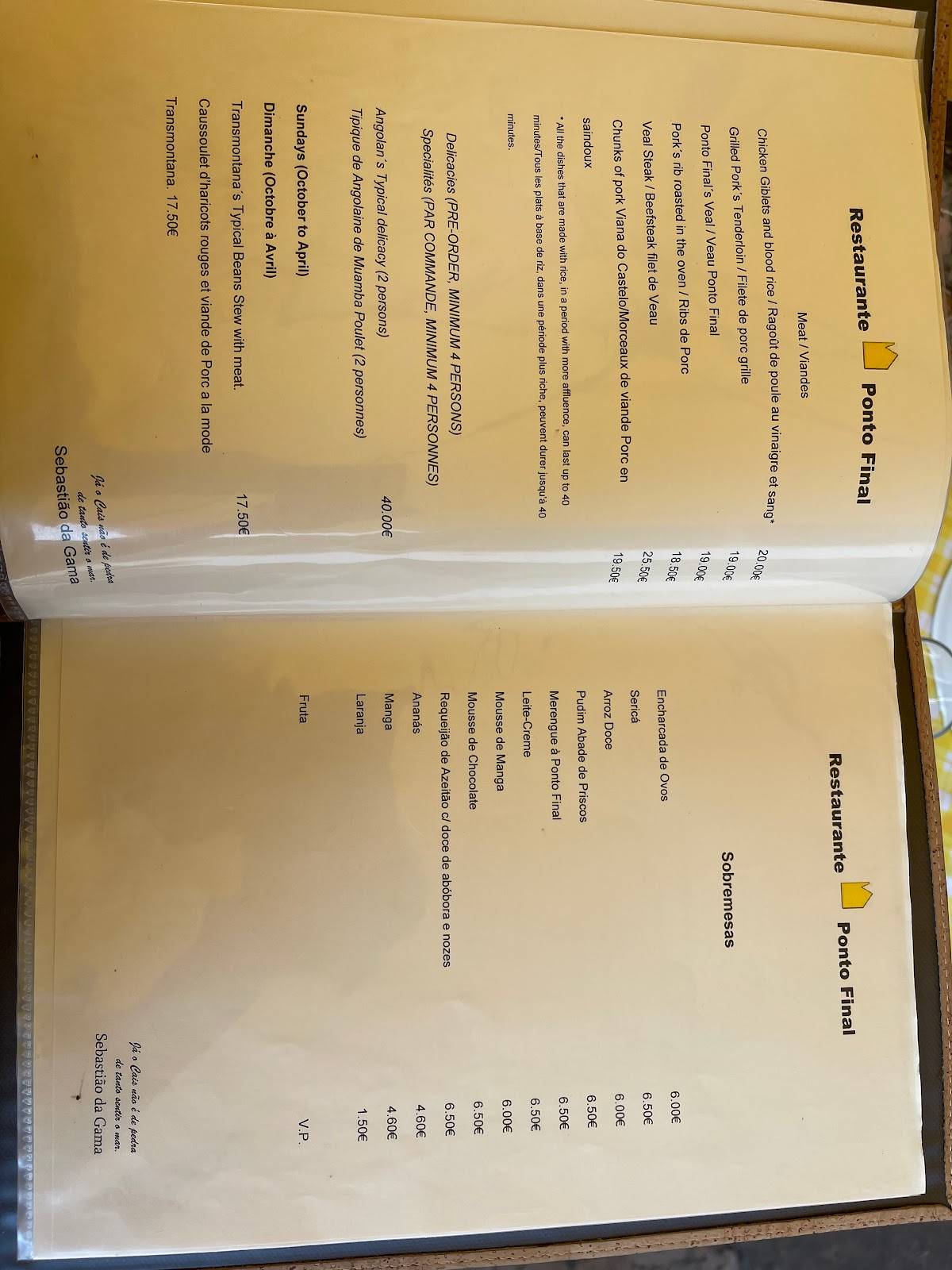 Menu at Ponto Final restaurant, Almada