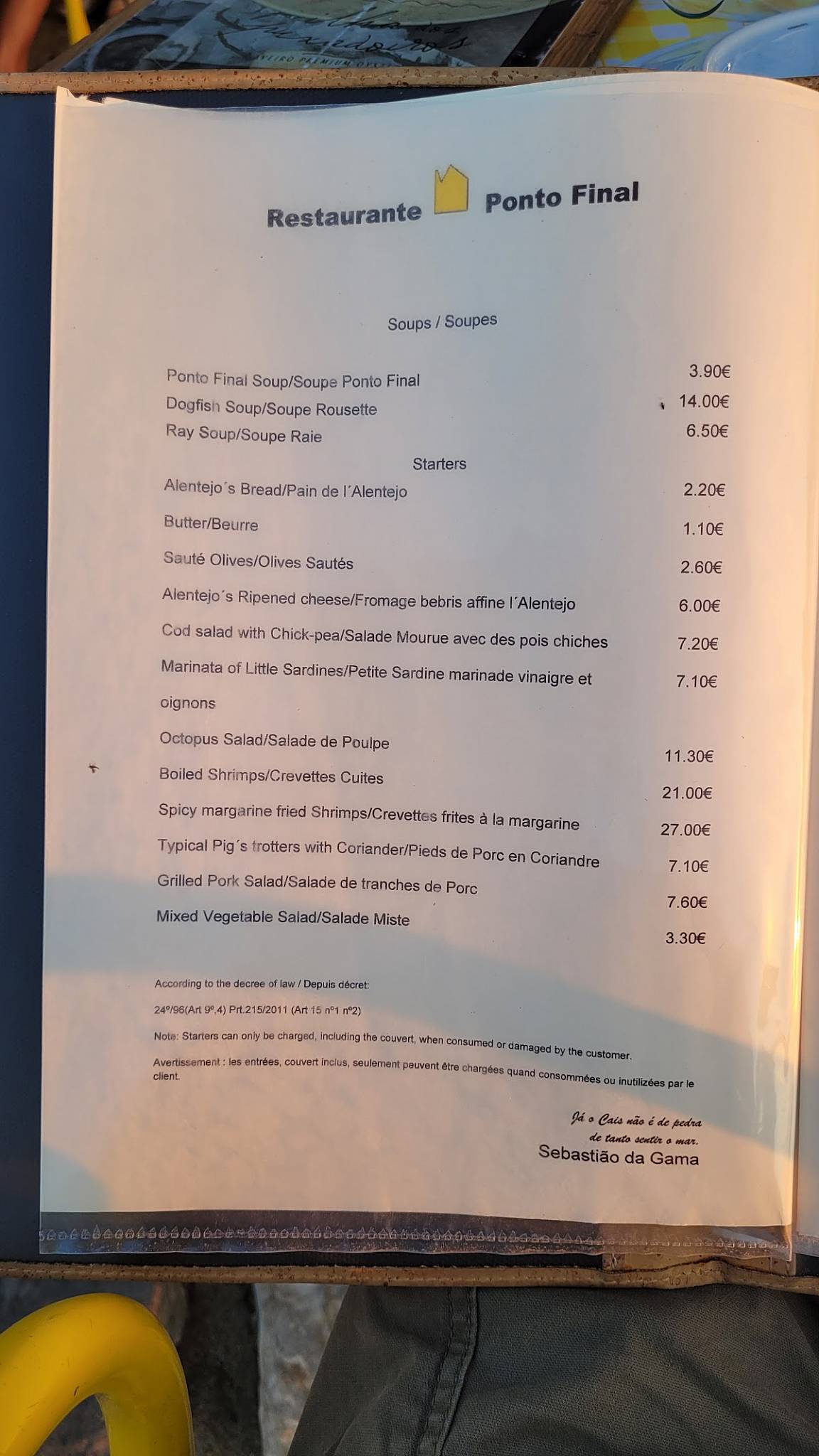 Menu at Ponto Final restaurant, Almada
