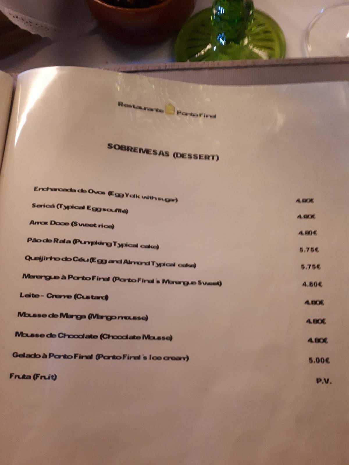 Menu at Ponto Final restaurant, Almada