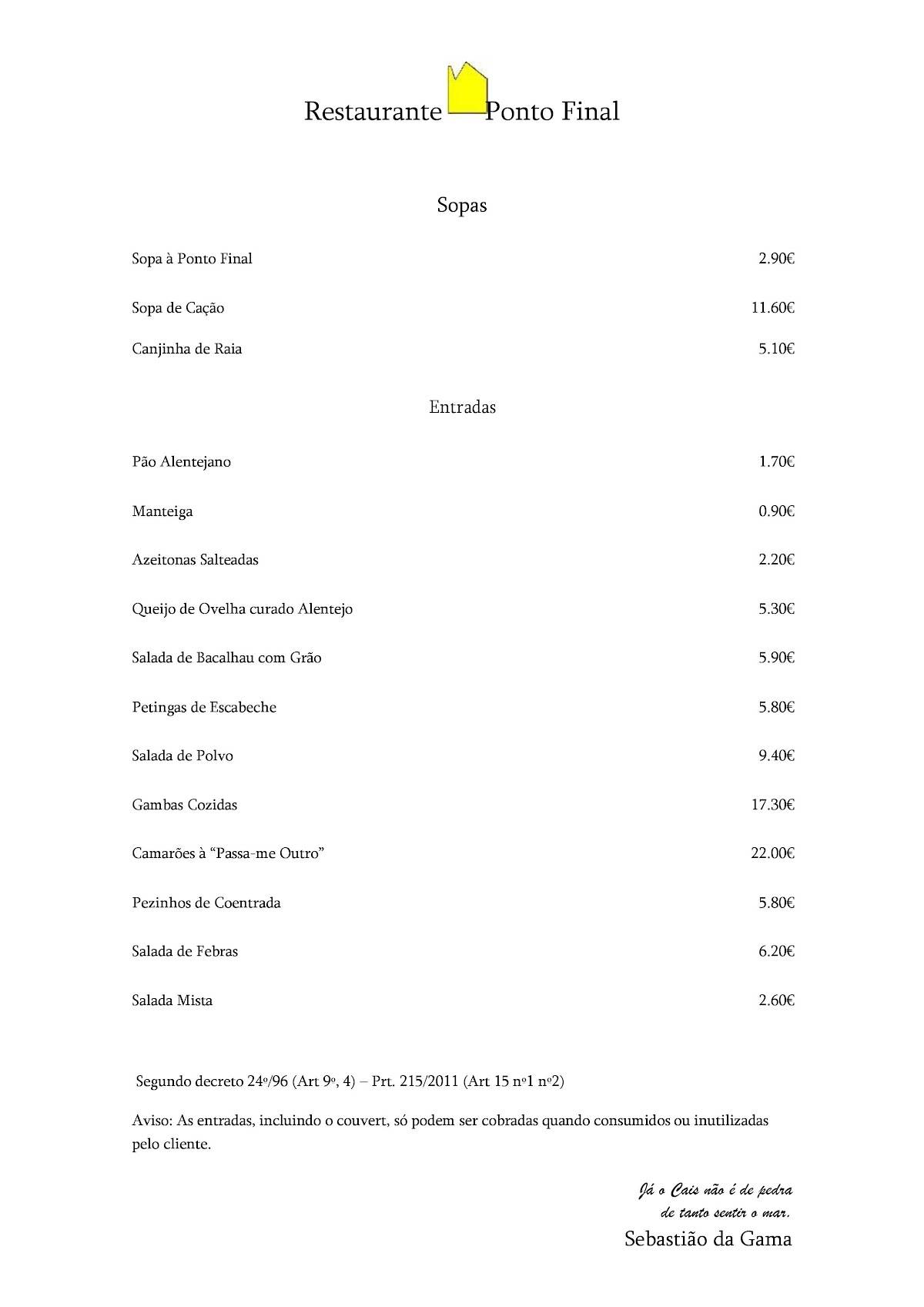 Menu at Ponto Final restaurant, Almada