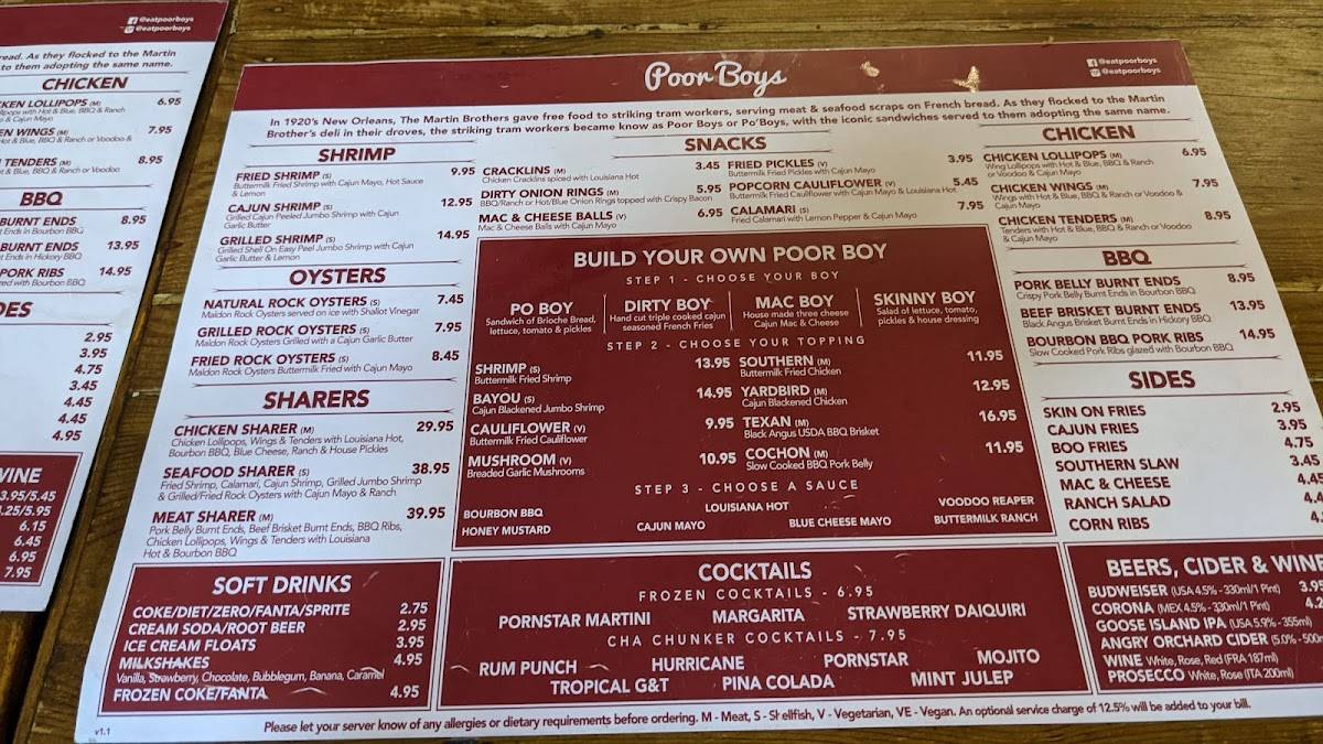 Menu at Poor Boys restaurant, Kingston upon Thames