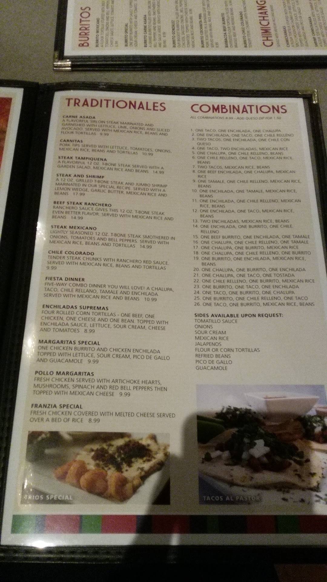 Menu at Las Margaritas restaurant, Poplar Bluff