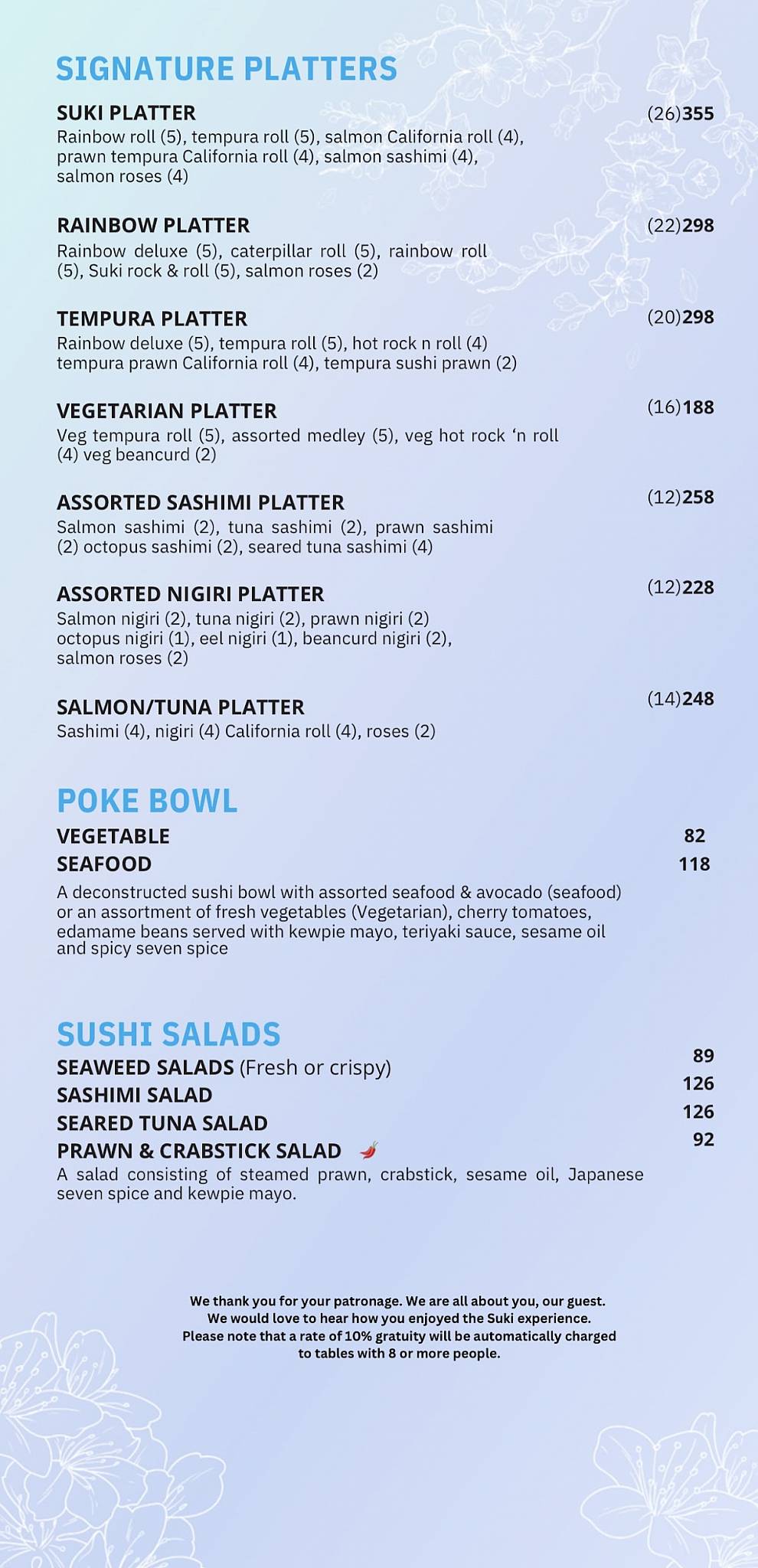 Menu at SUKI Sushi & Asian Cuisine restaurant, Port Elizabeth
