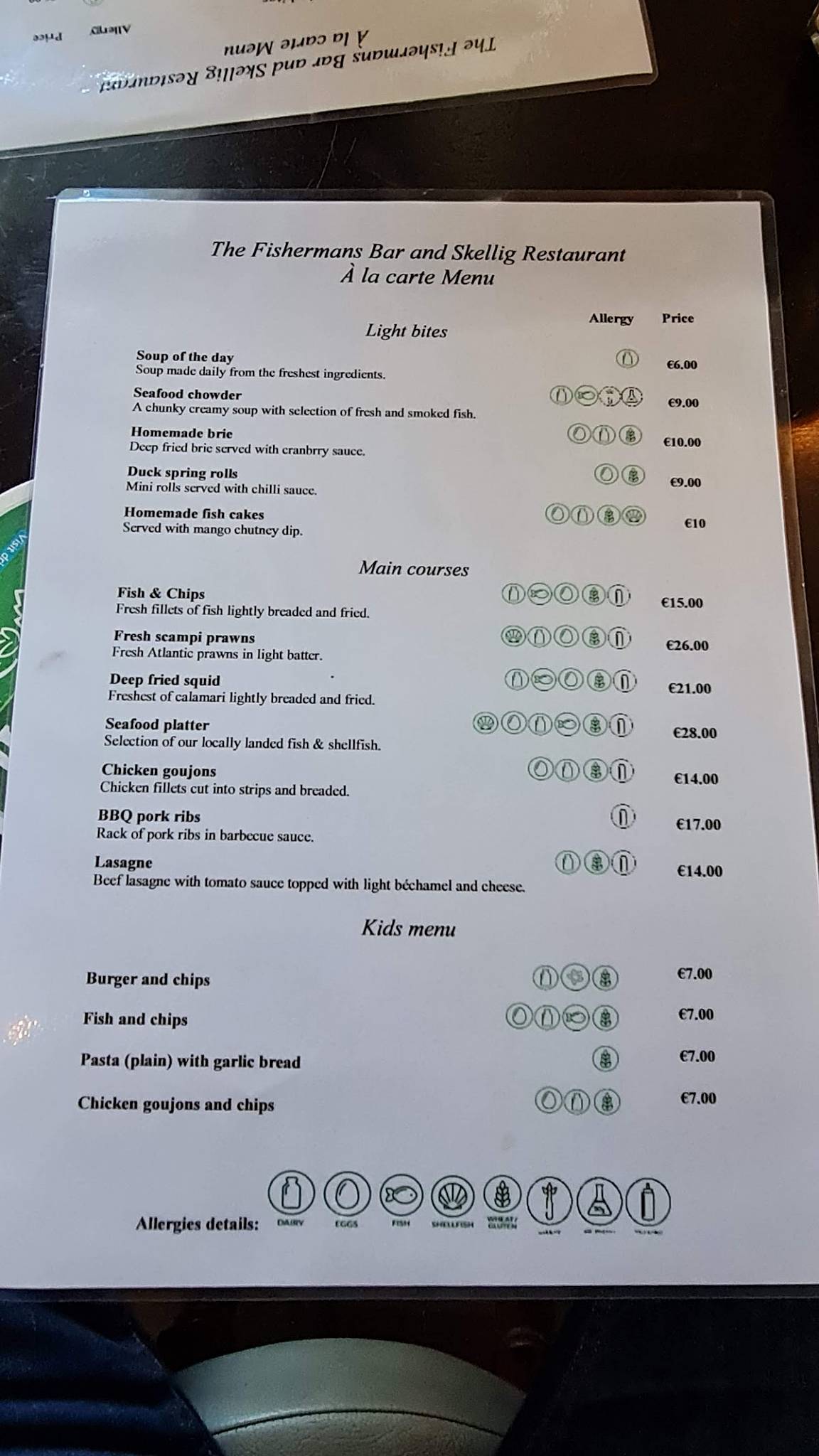 Menu at Fisherman's Bar & Skellig Restaurant Portmagee, Portmagee