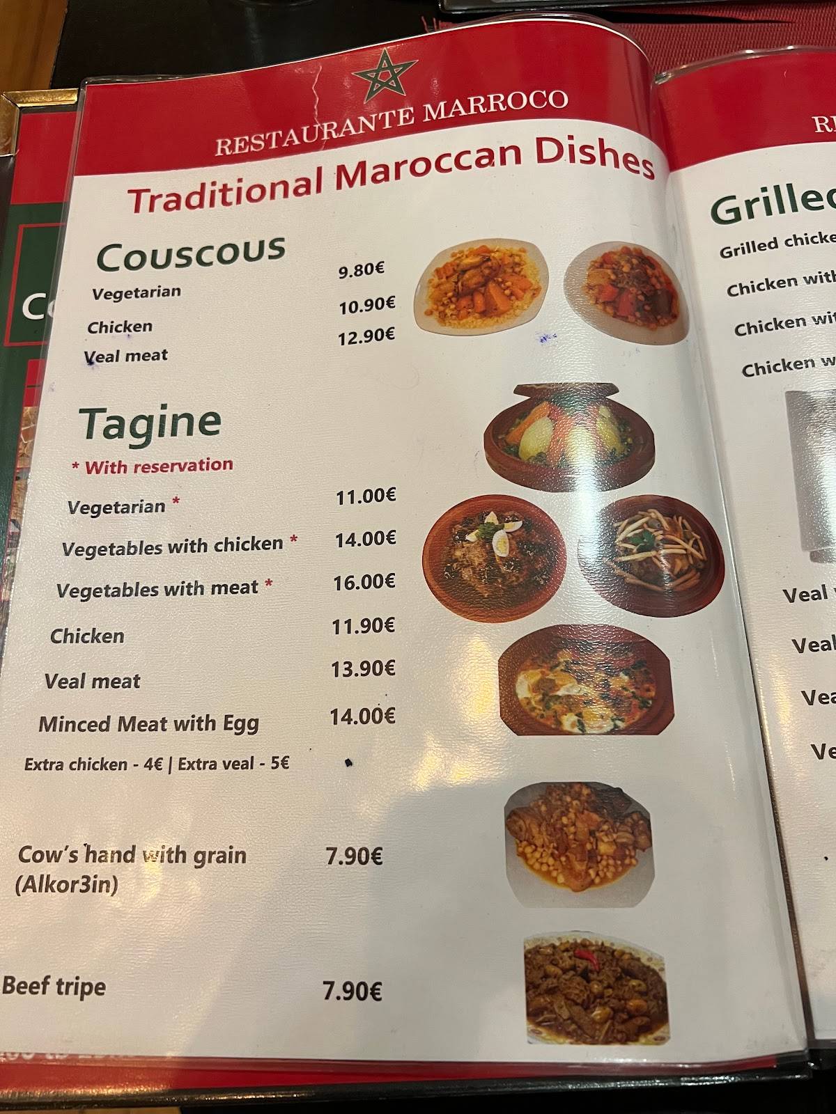 Menu at Moroccan Restaurant, Porto