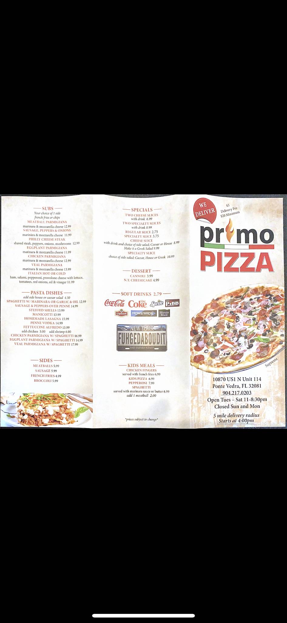 Menu at Primo Pizza pizzeria, Palm Valley