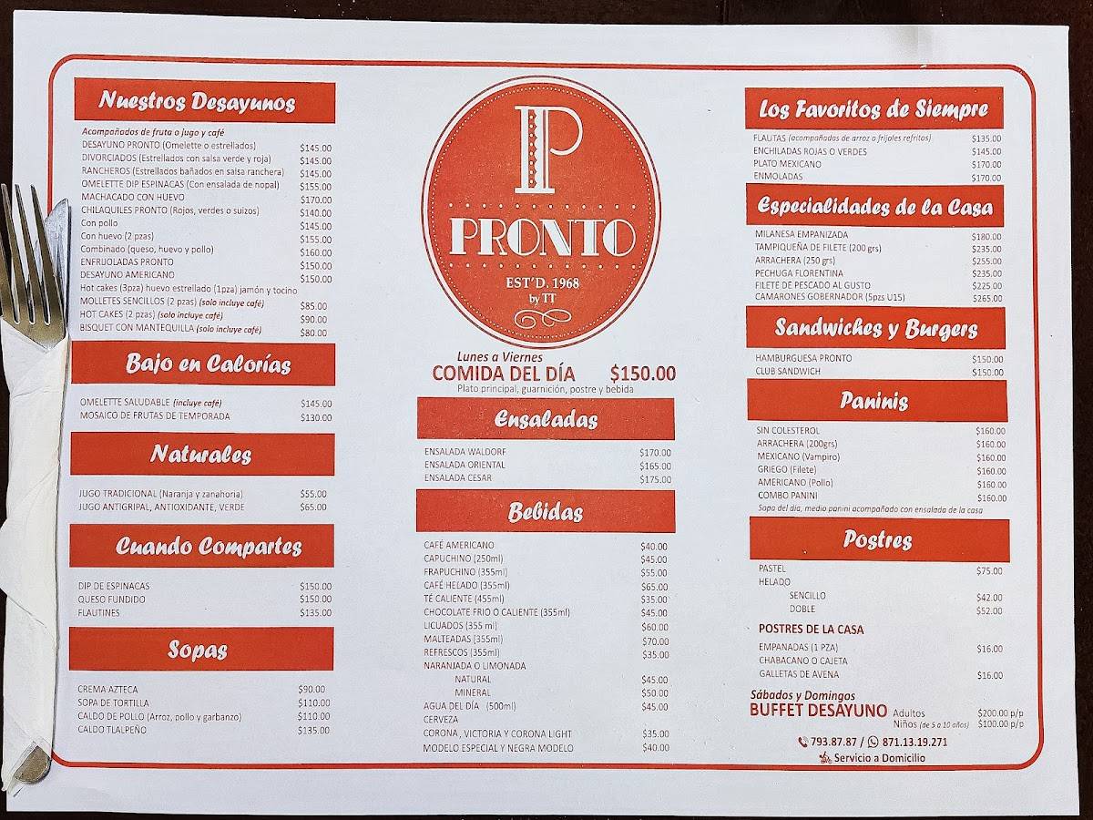 Menu at Pronto restaurant, Torreón, Blvrd Revolución 2360