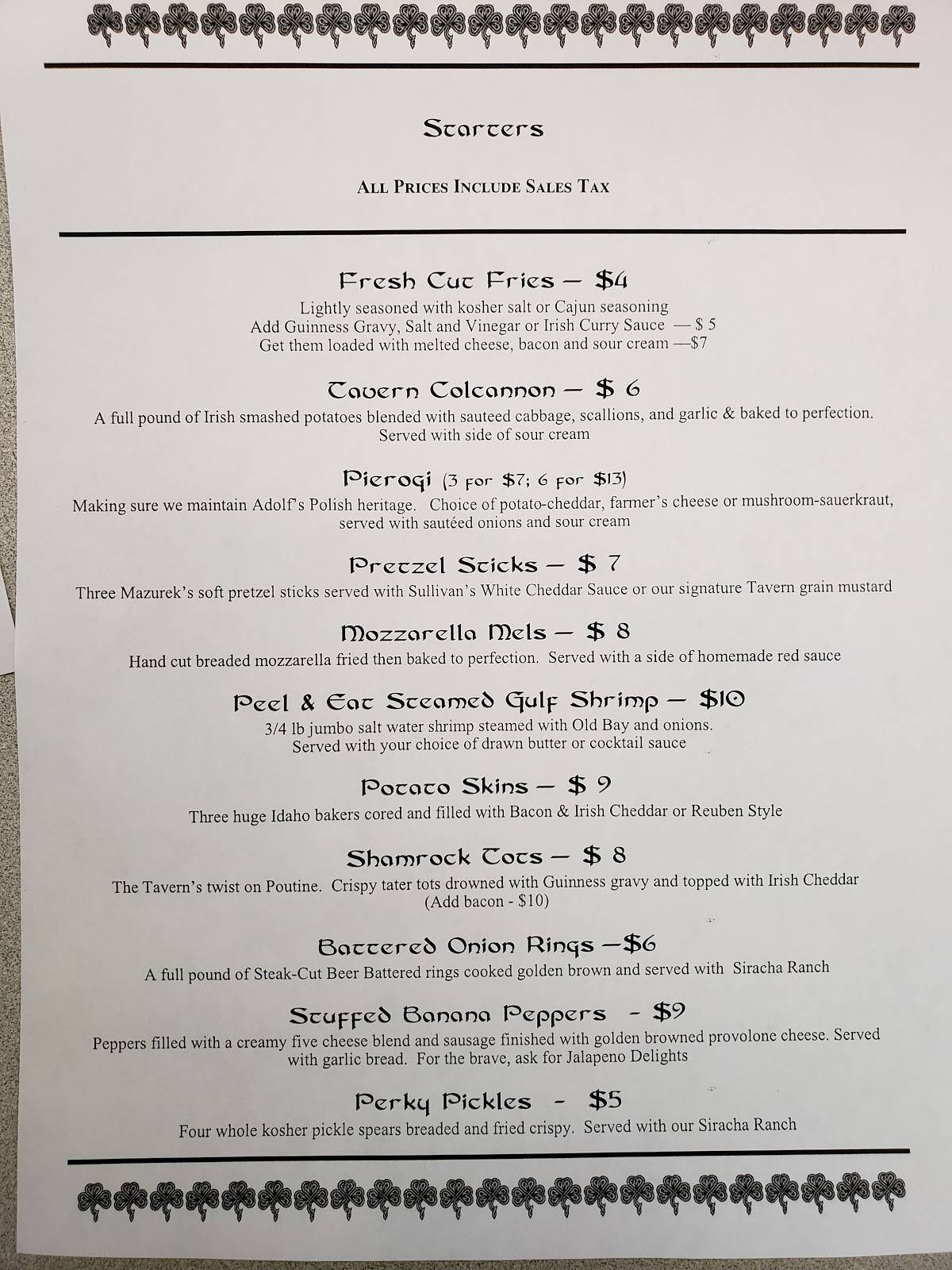 Menu at Adolf's Old First Ward Tavern pub & bar, Buffalo