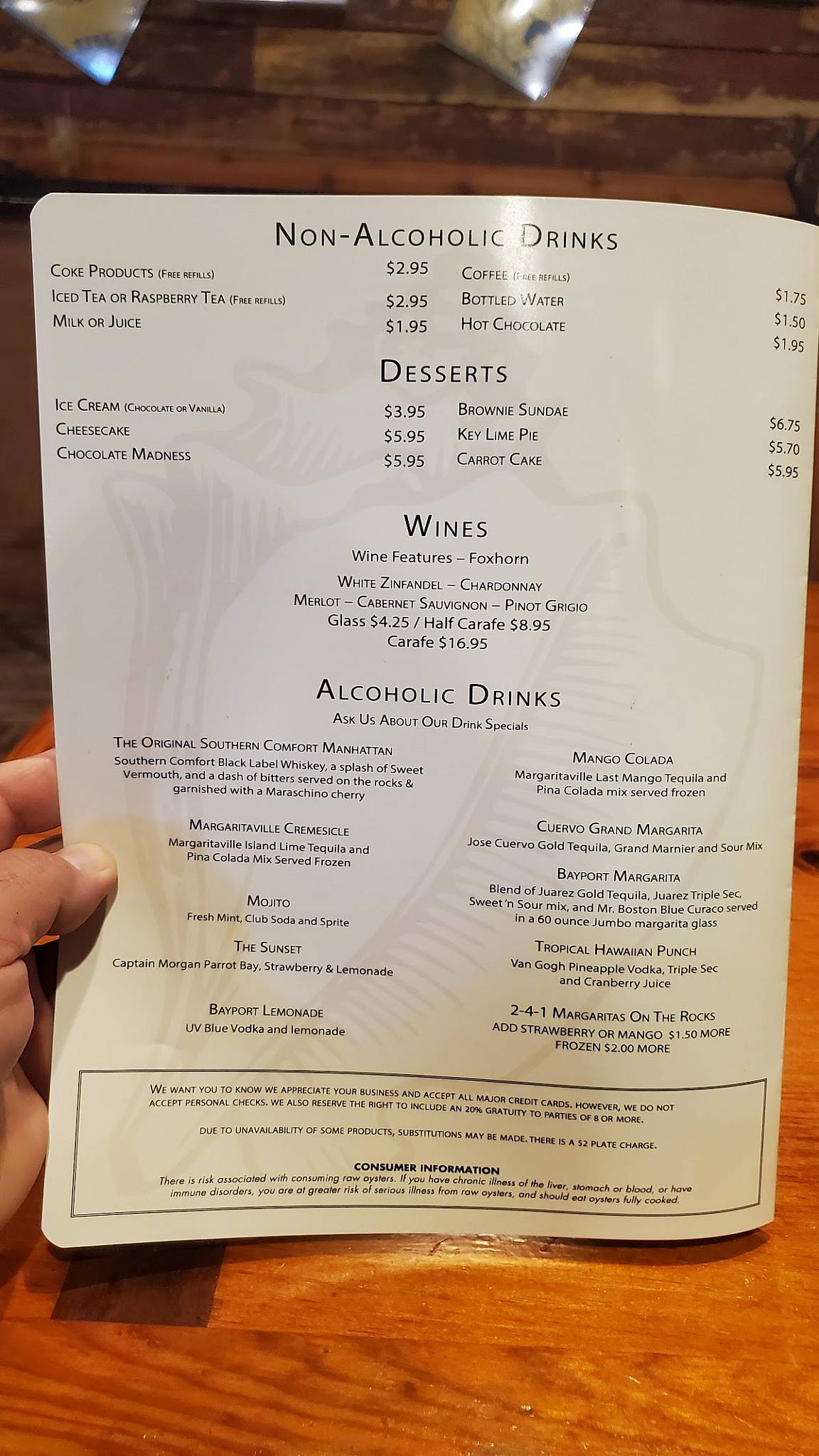 Menu at Bayport Inn pub & bar, Bayport, Cortez Blvd