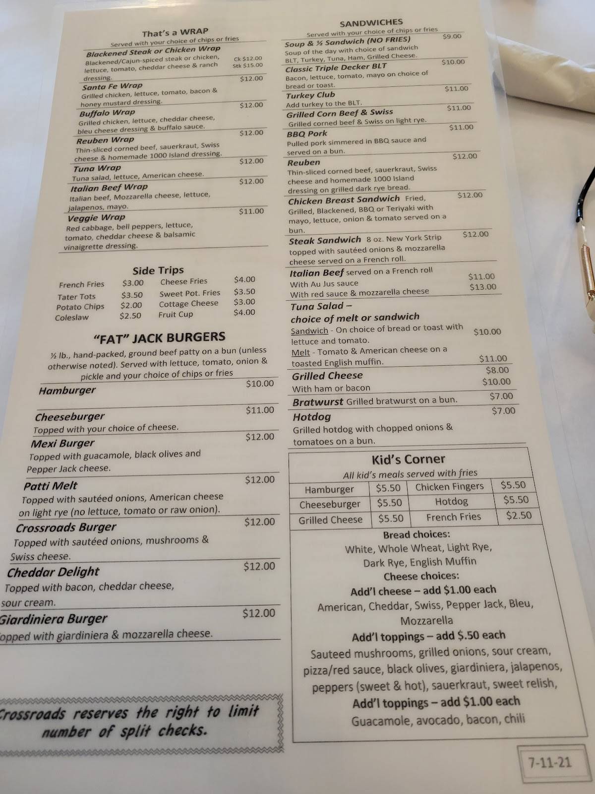 Menu at Crossroads Restaurant & Bar, Mundelein