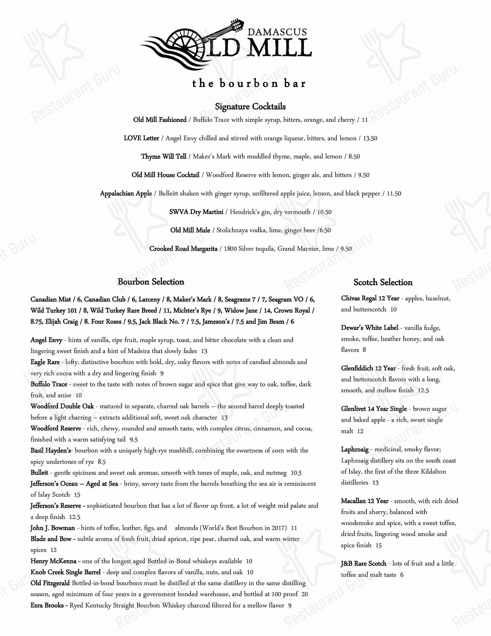 Menu at Damascus Old Mill Inn pub & bar, Damascus