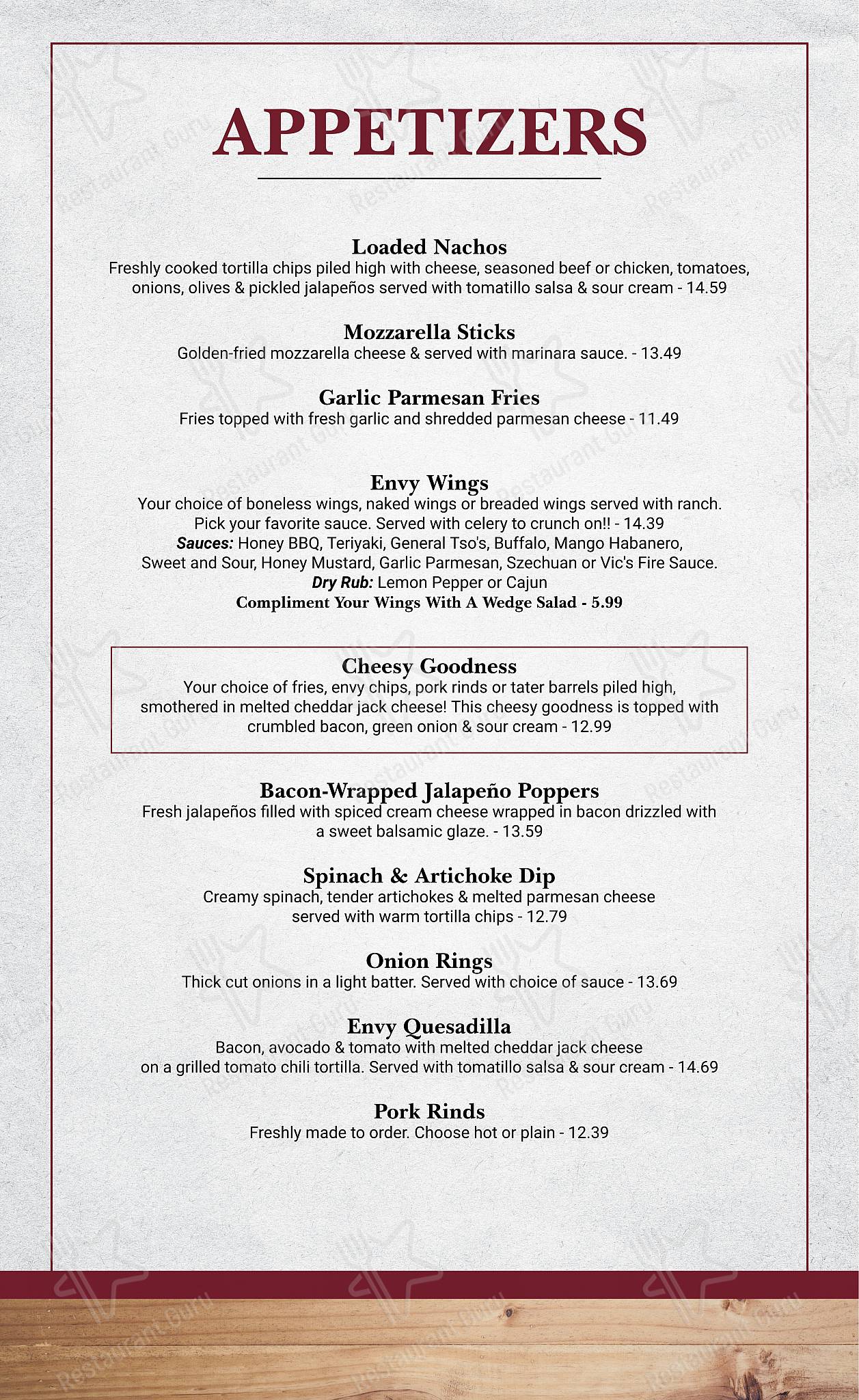 Menu at Envy Bar and Grill, Poulsbo