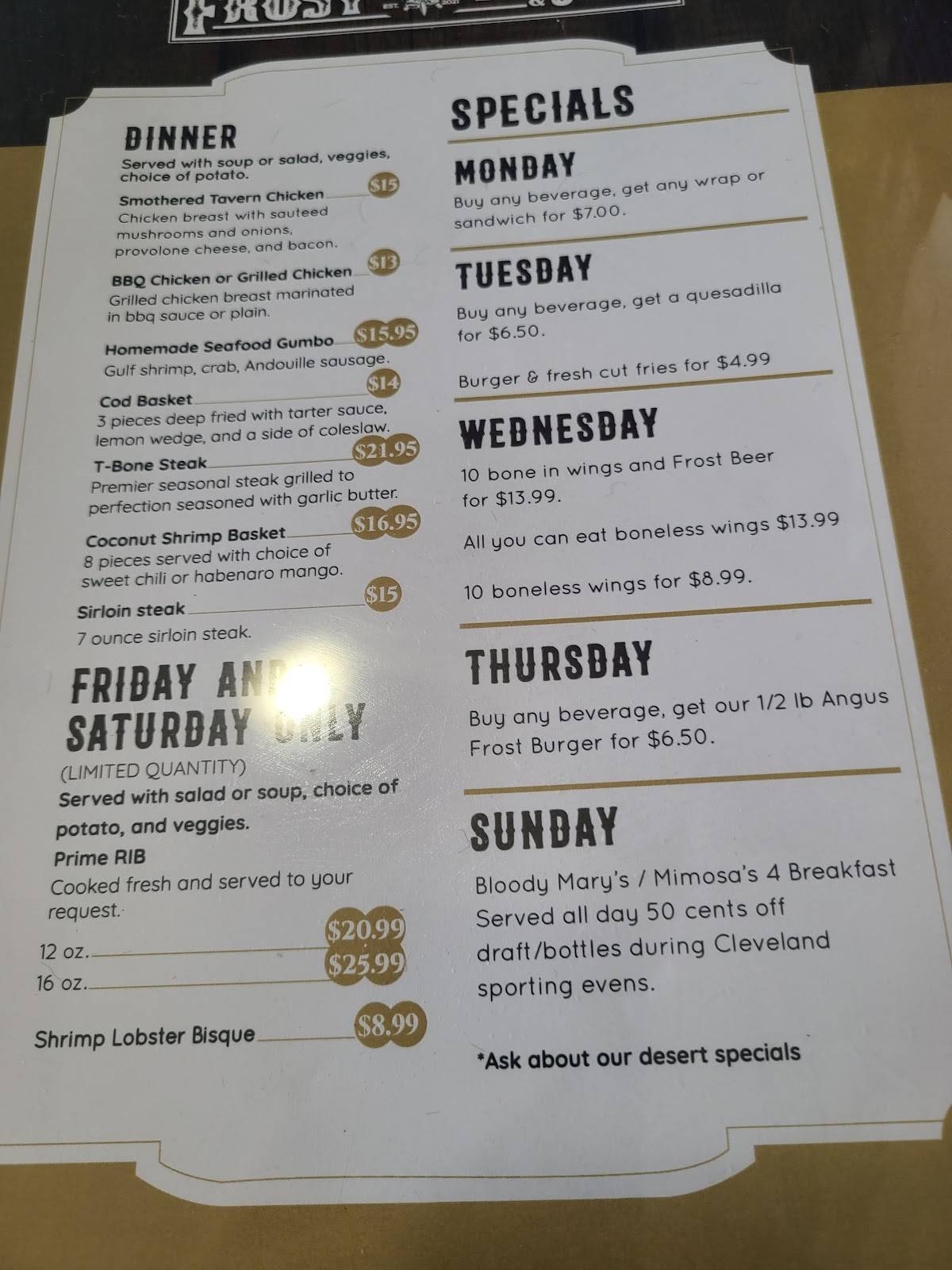 Menu at FROST BAR N Grille, Middlefield