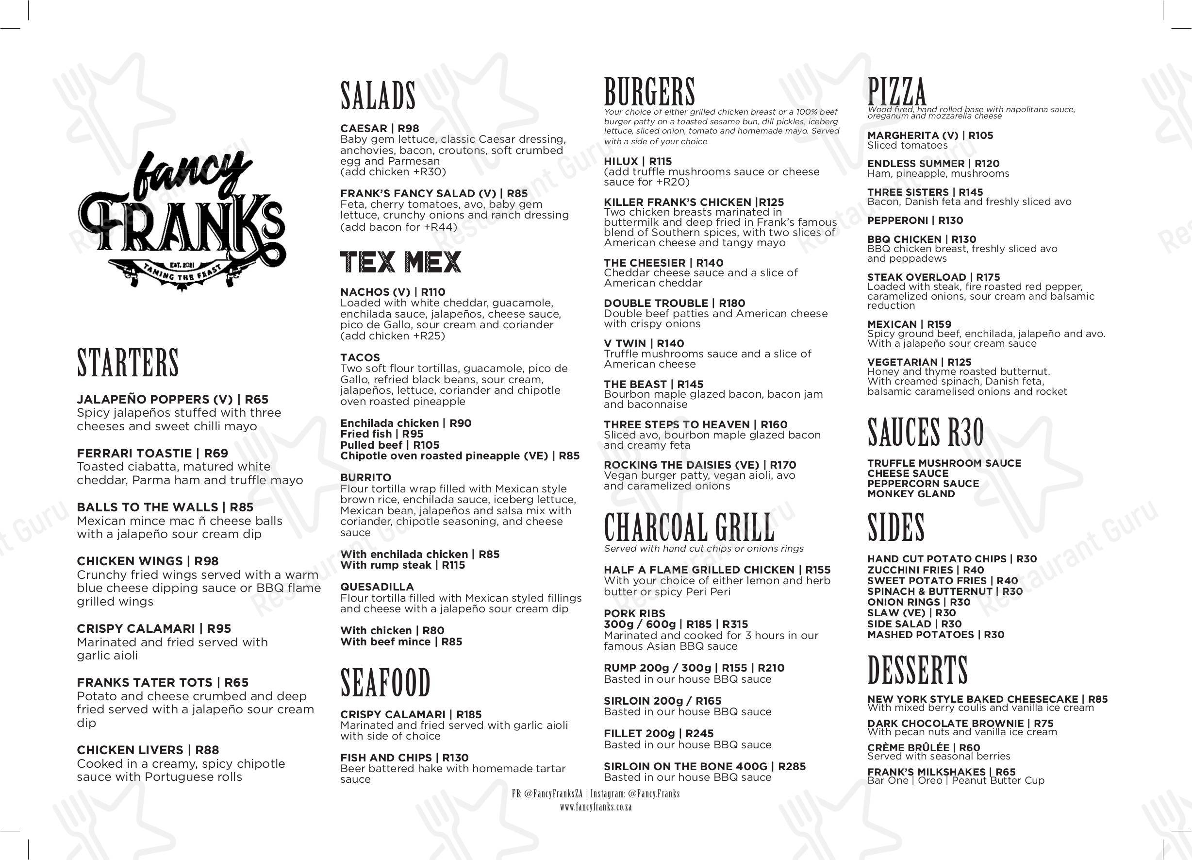 Menu at Fancy Frank's Sunset Beach pub & bar, Cape Town, Seattle Coffee ...