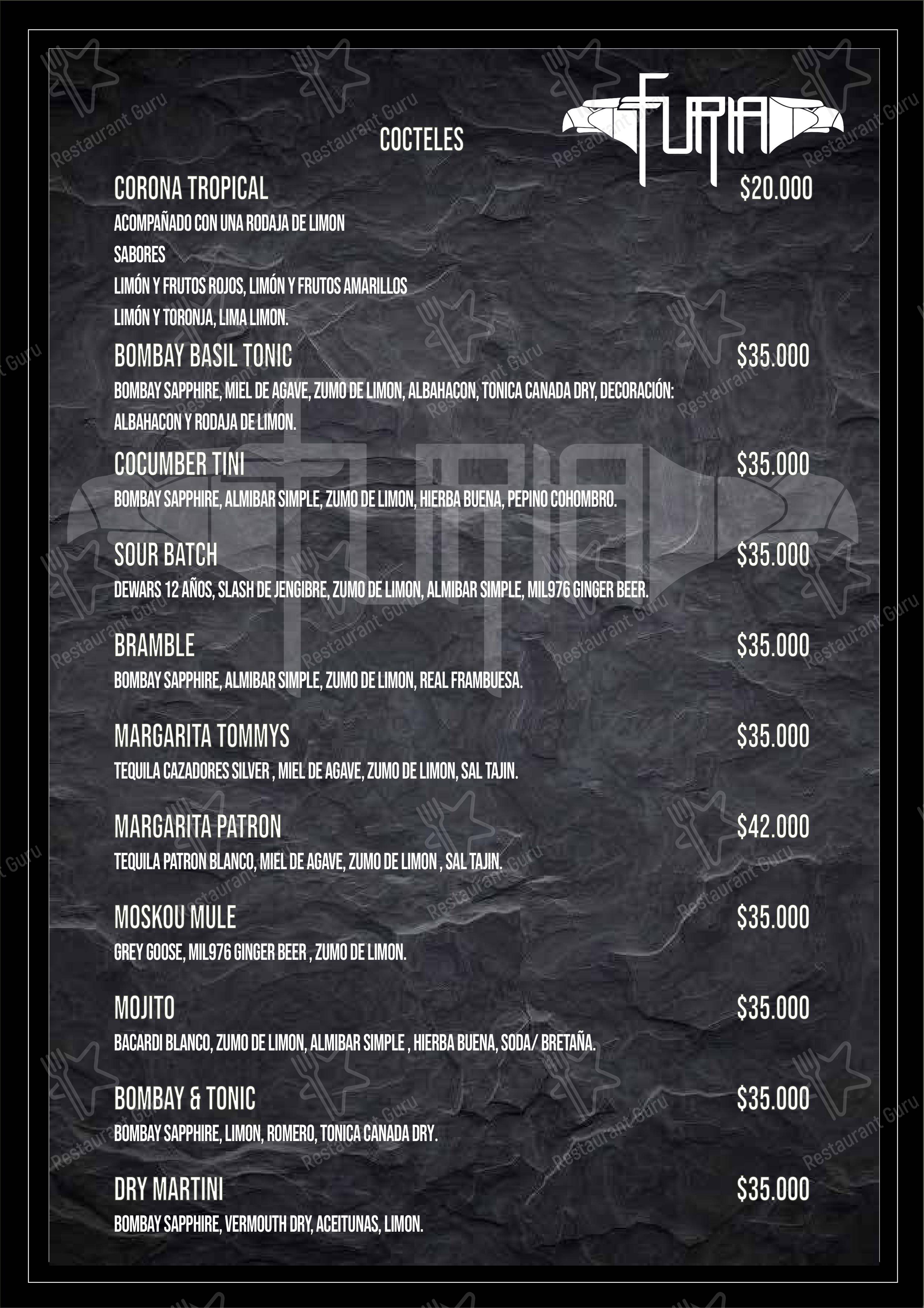 Carta del pub y bar Furia Rooftop, Bogotá
