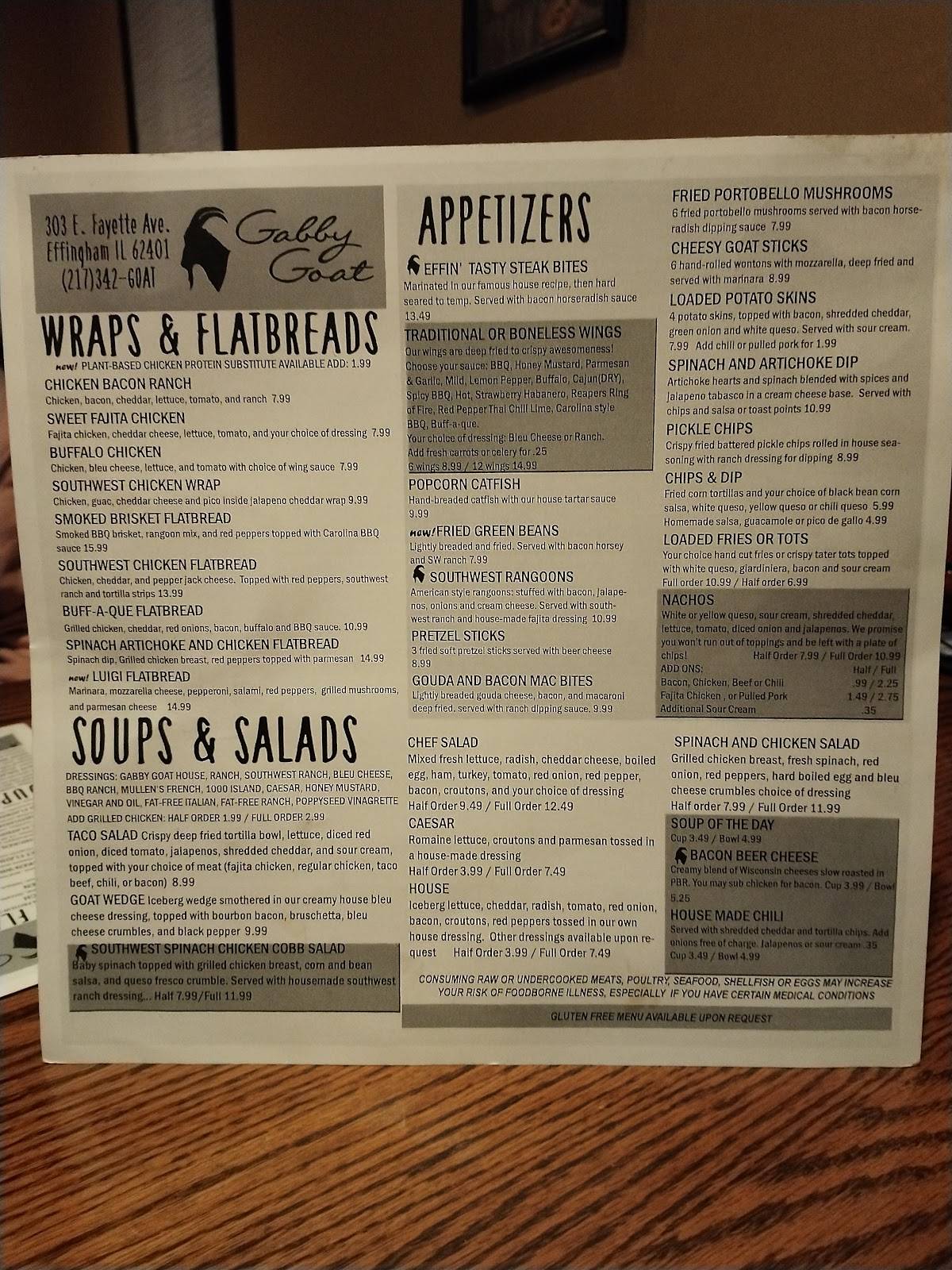Menu at Gabby Goat American Pub & Grill, Effingham
