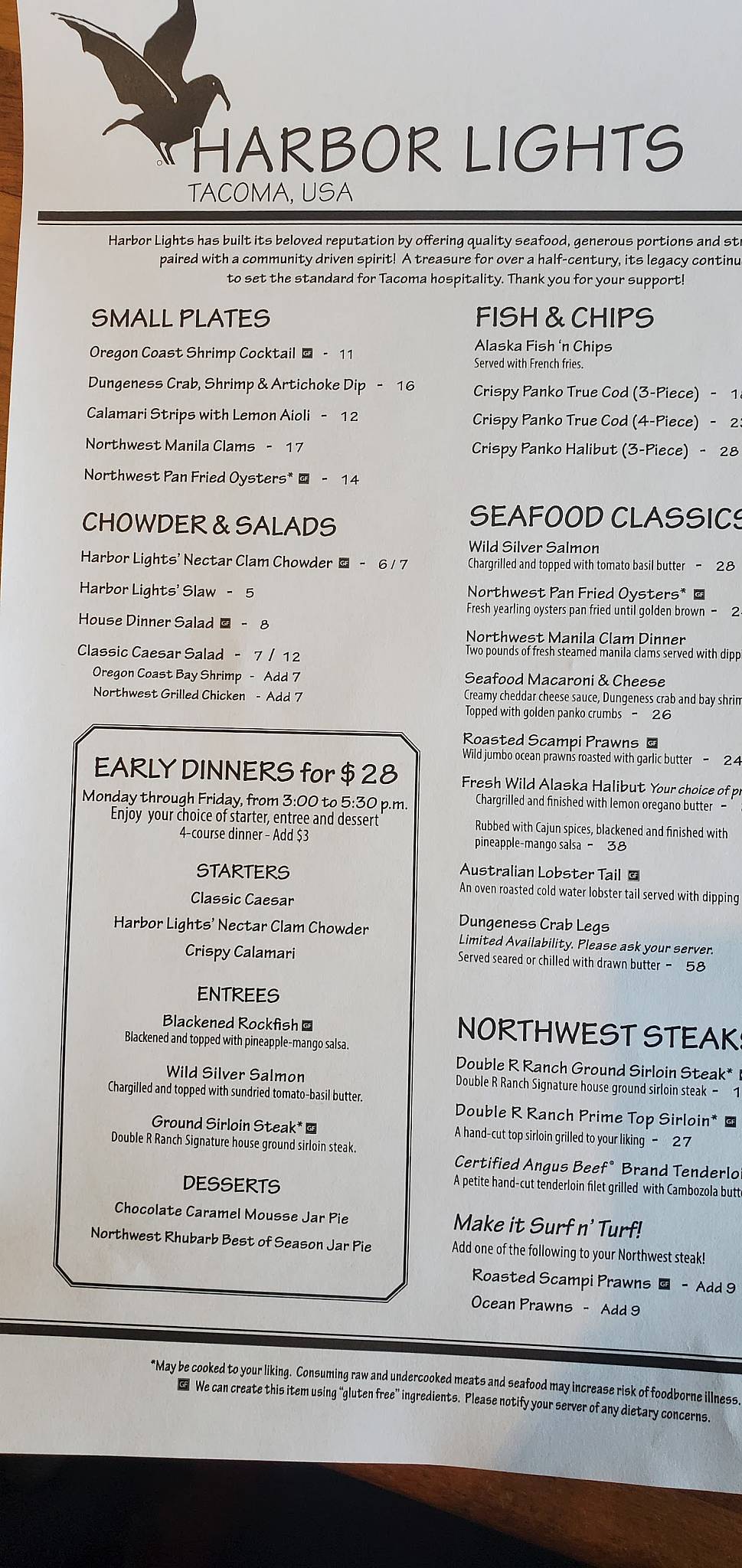 Menu at Harbor Lights restaurant, Tacoma