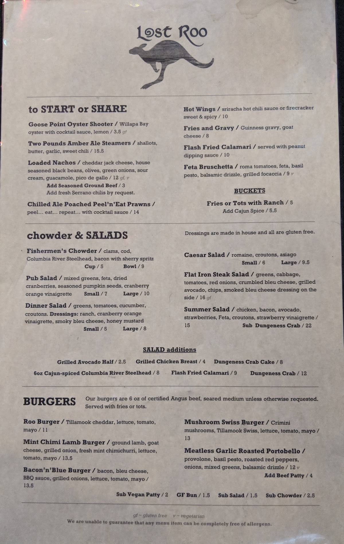 Menu at Lost Roo pub & bar, Long Beach