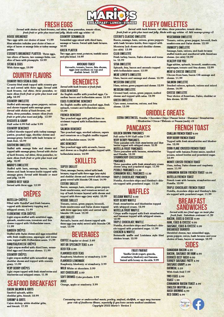 Menu at Mario's Of Estero pub & bar, Estero