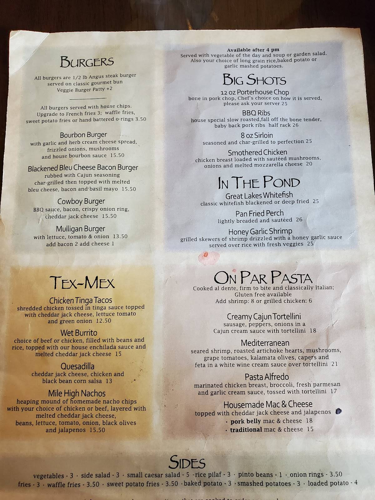 Menu at Mulligan's Restaurant, Cheboygan