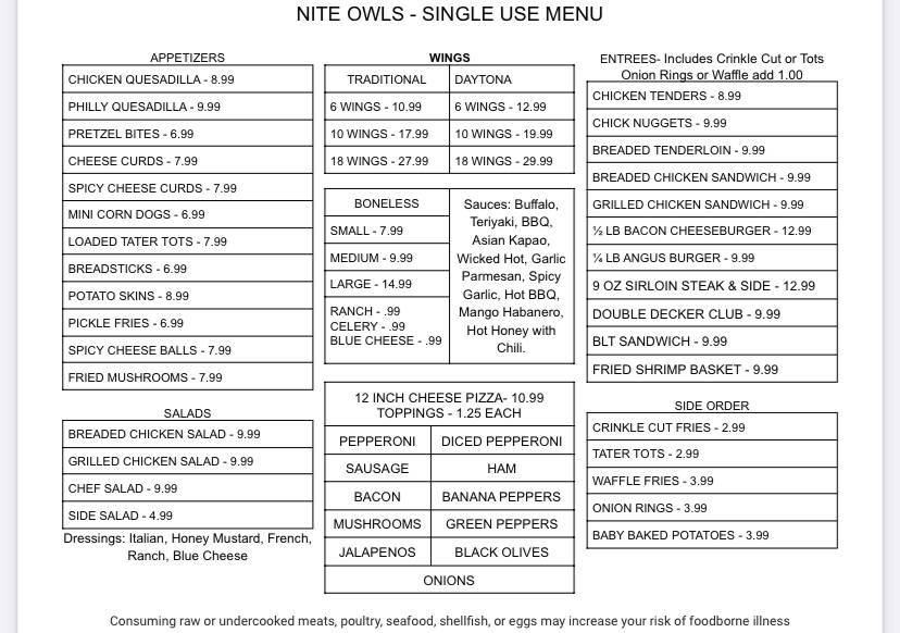 Menu at Nite Owls Saloon and Grill pub & bar, Beech Grove