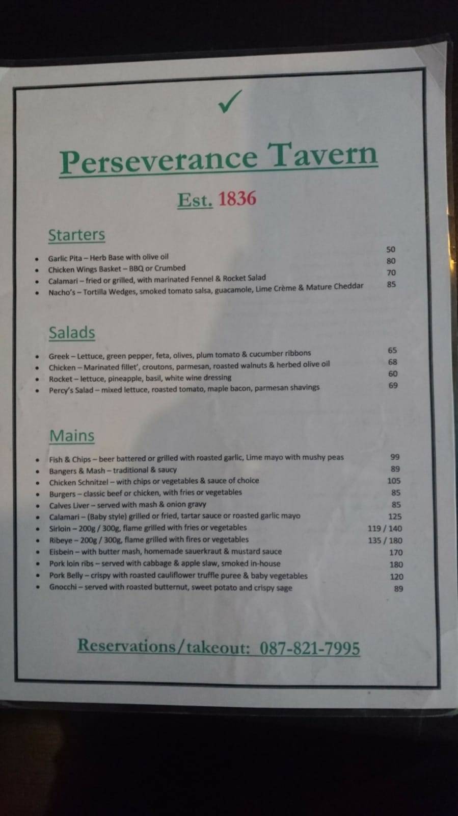 Menu at Perseverance Tavern pub & bar, Cape Town