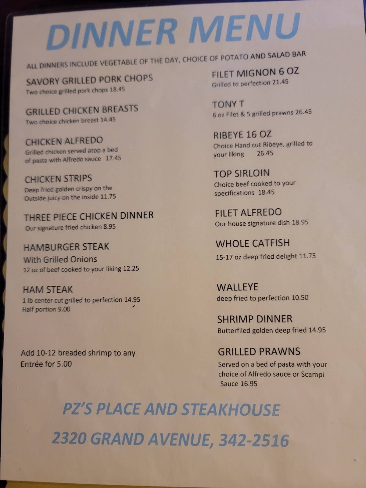 Menu at Pz's Place & Steakhouse, Galesburg