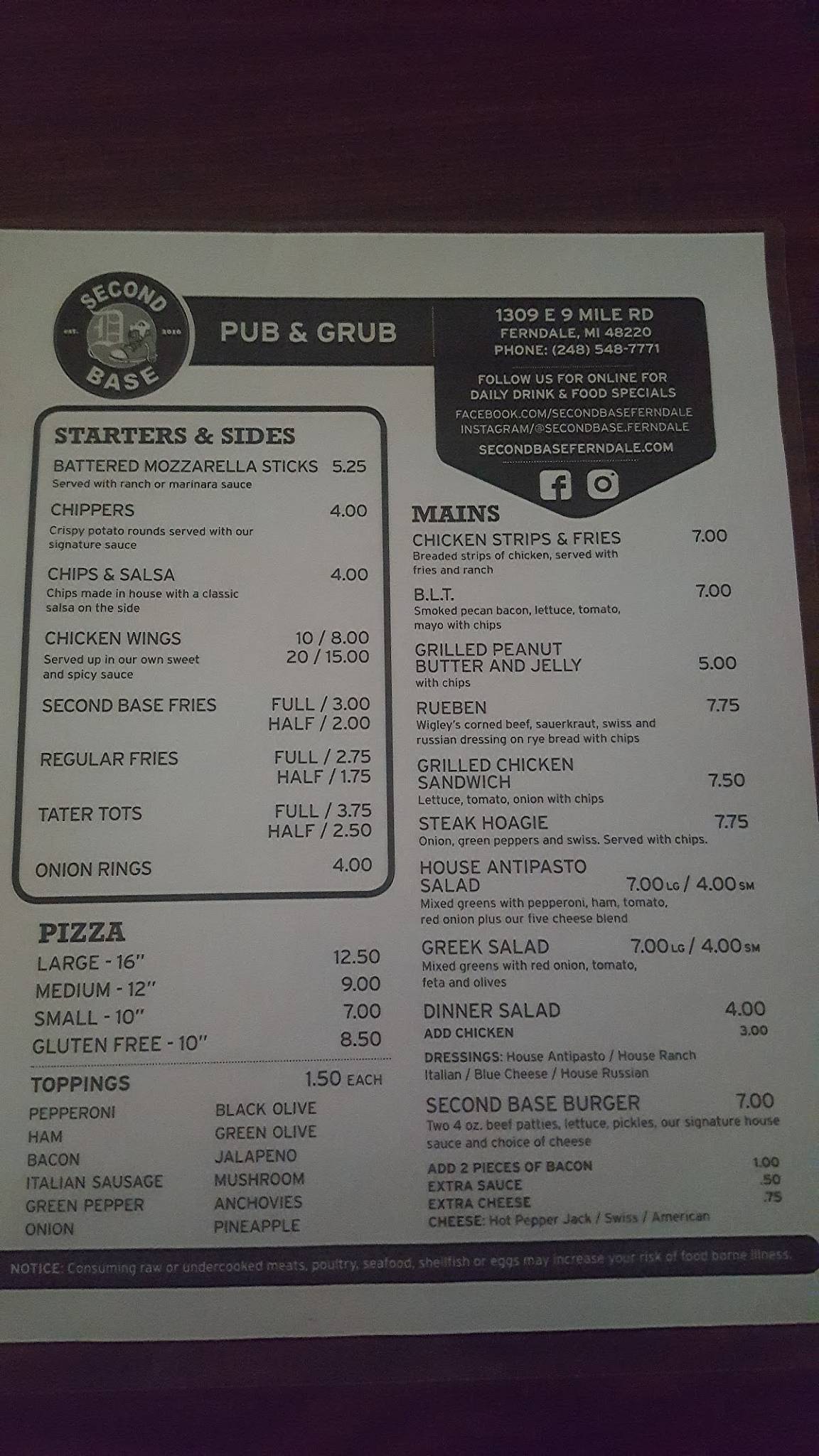 Menu at Second Base Pub & Grub, Ferndale