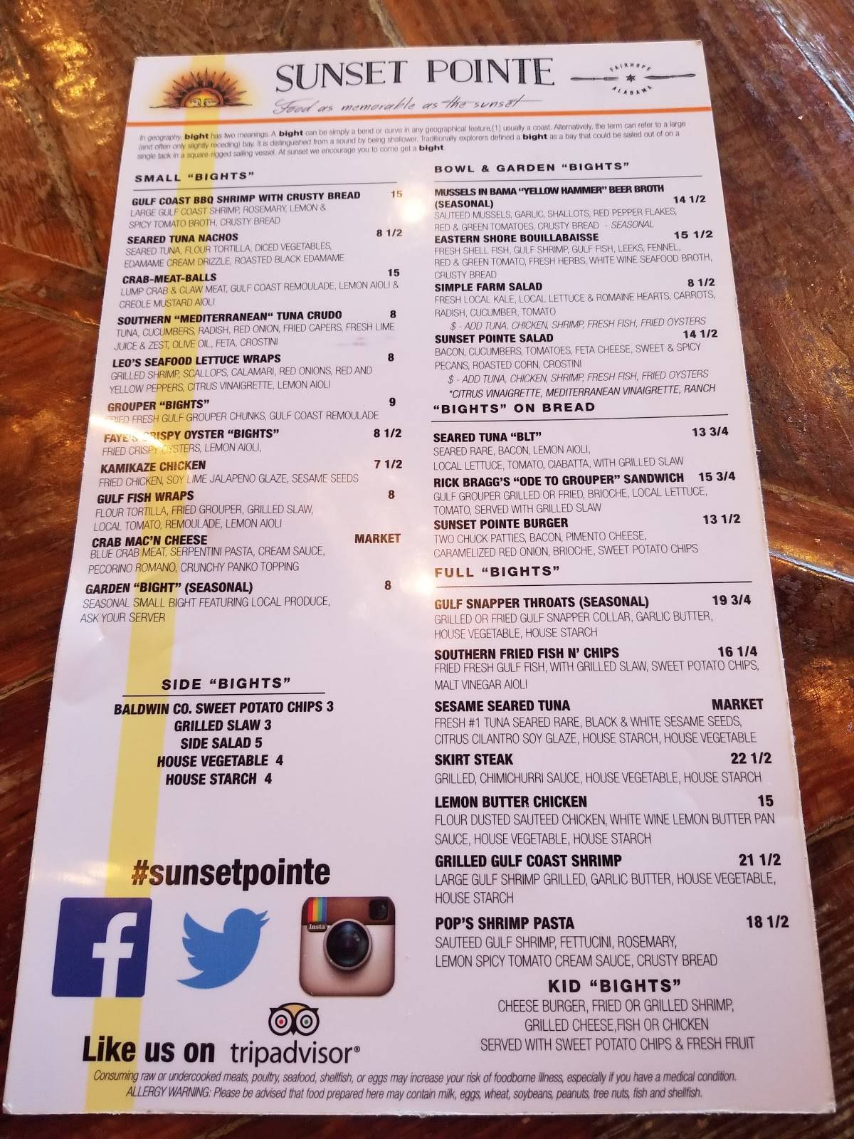 Menu at Sunset Pointe at Fly Creek Marina pub & bar, Fairhope