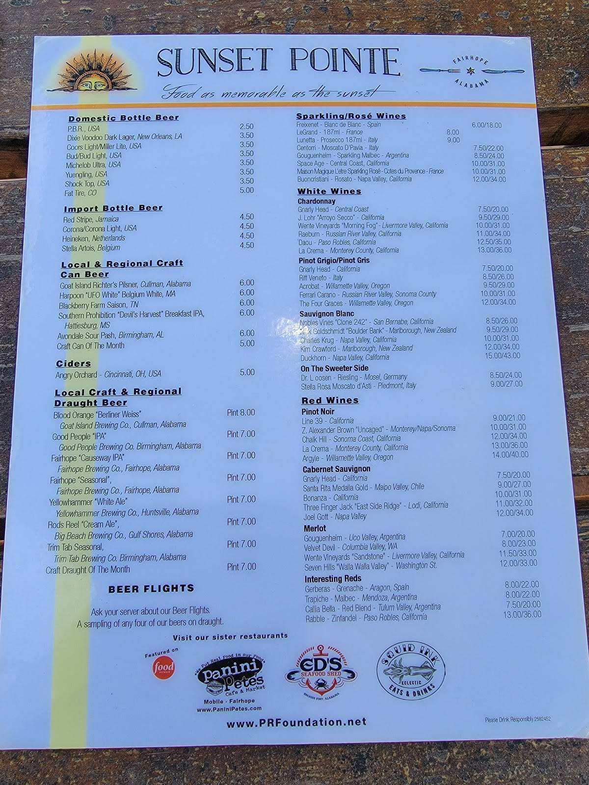 Menu at Sunset Pointe at Fly Creek Marina pub & bar, Fairhope