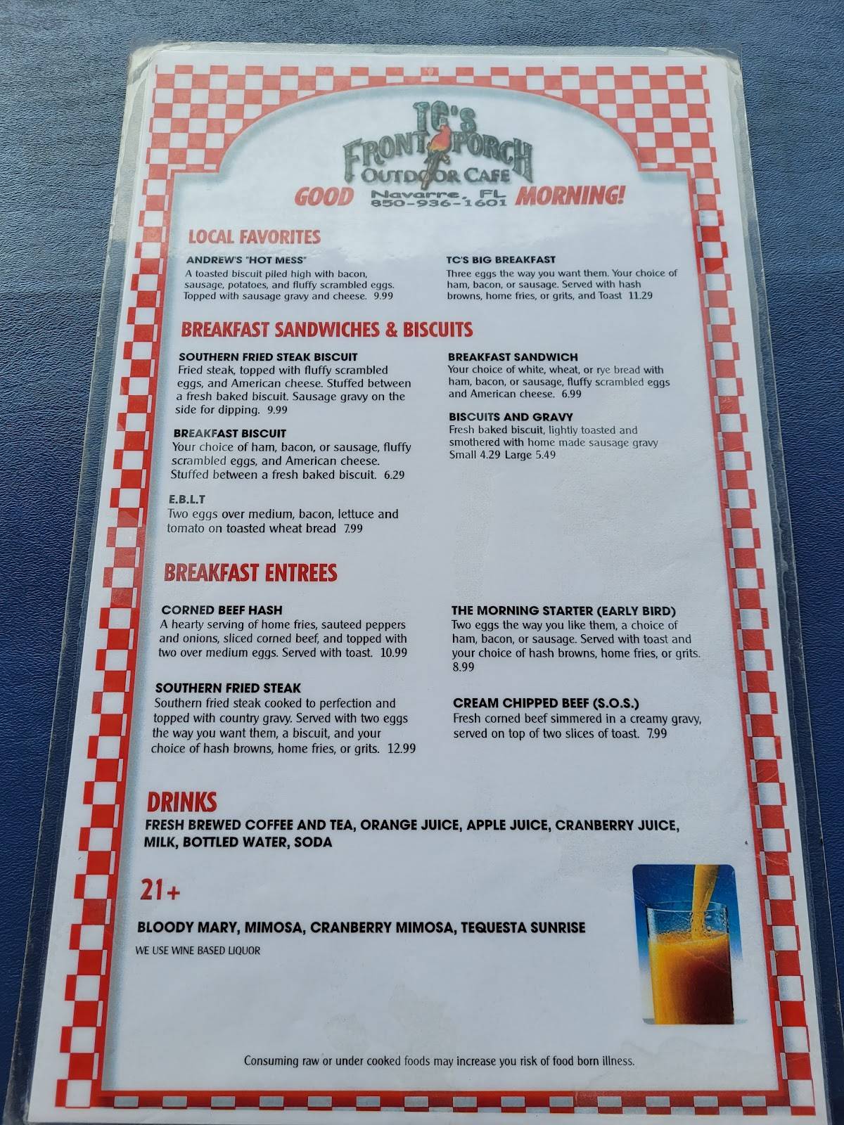 Menu at TC's Front Porch pub & bar, Navarre