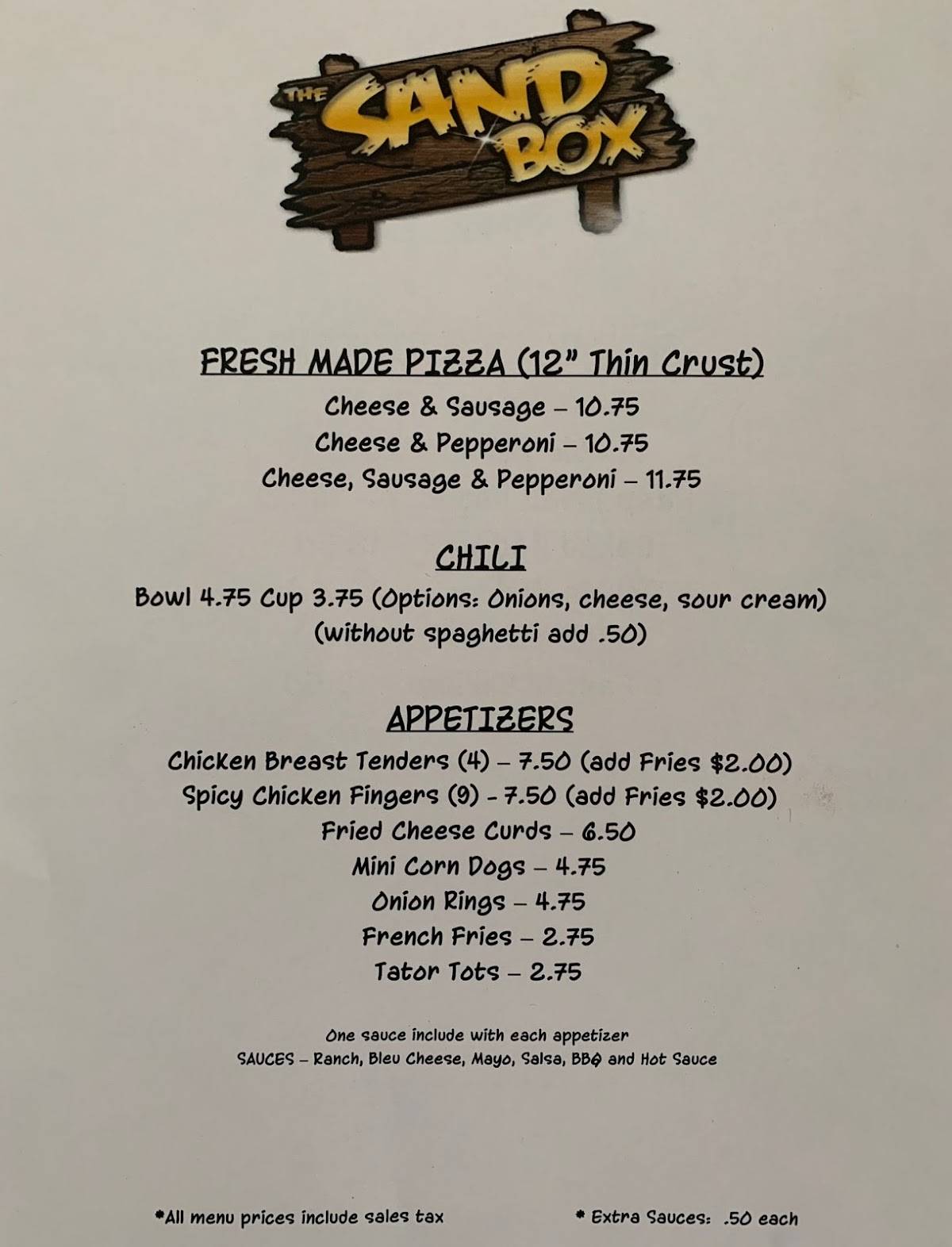 Menu at THE SAND BOX pub & bar, Green Bay