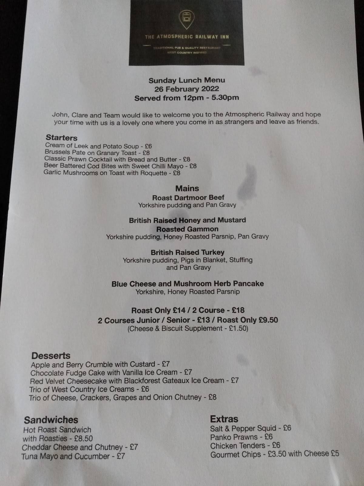 Menu at The Atmospheric Railway Inn pub & bar, Exmouth, The Strand