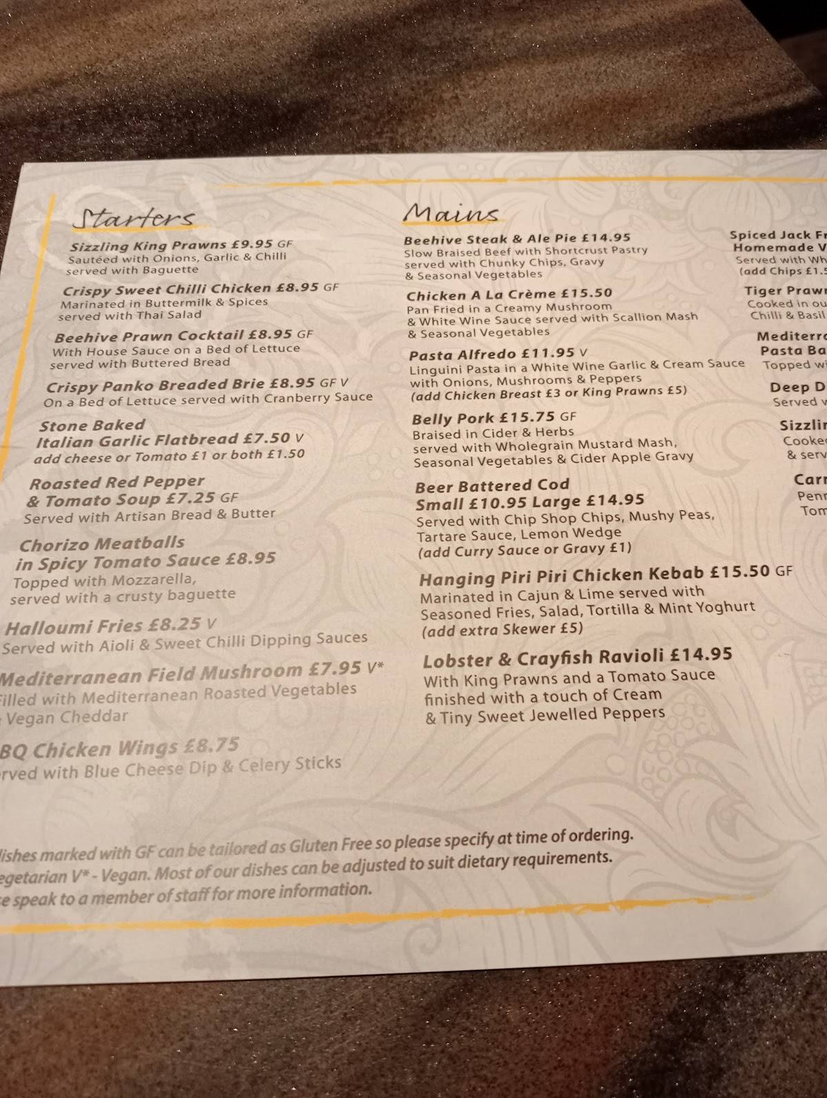 Menu at The Beehive pub & bar, Sheffield, 16 Union St