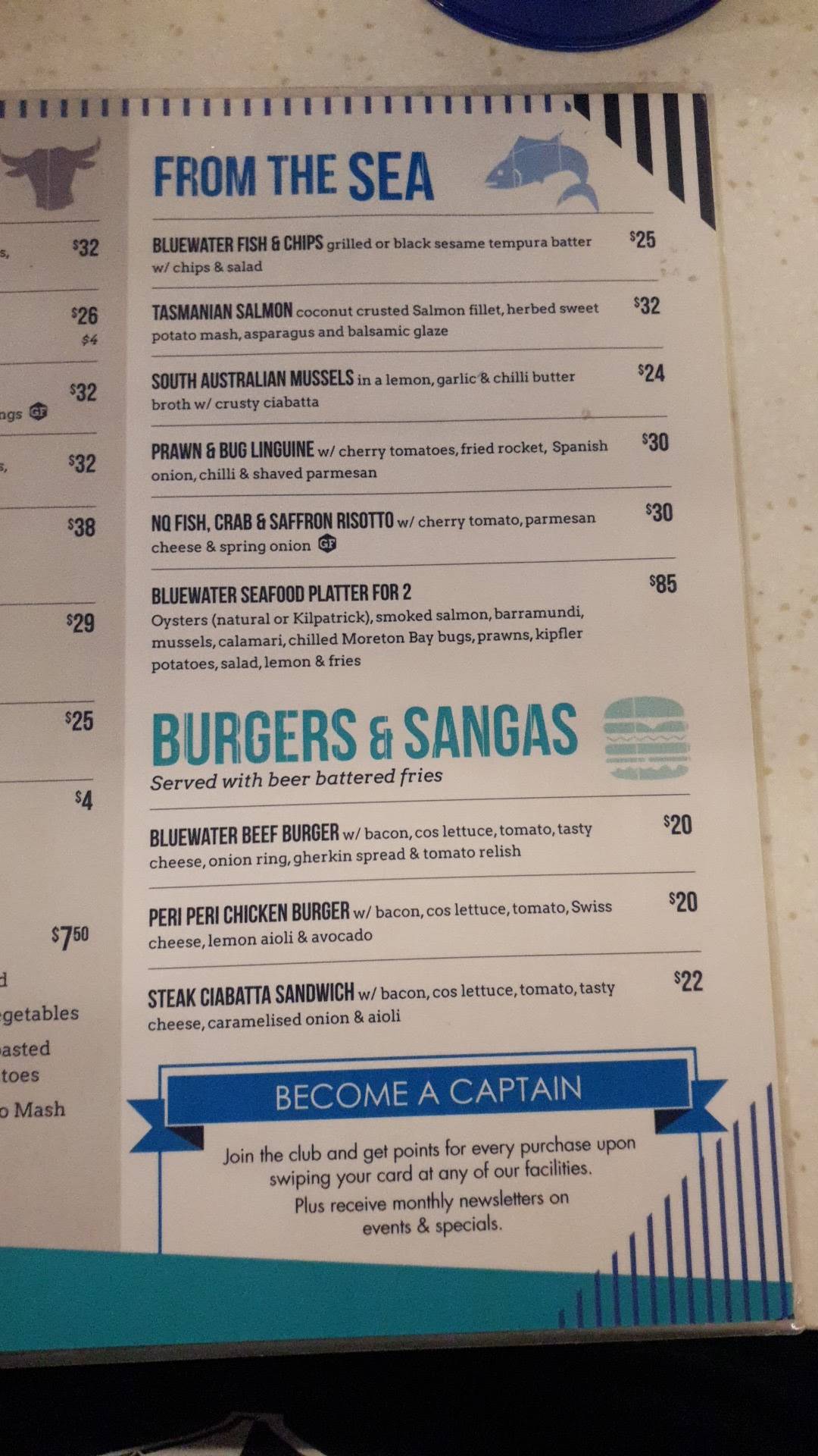 Menu at The Bluewater pub & bar, Trinity Park, 7 Harbour Dr