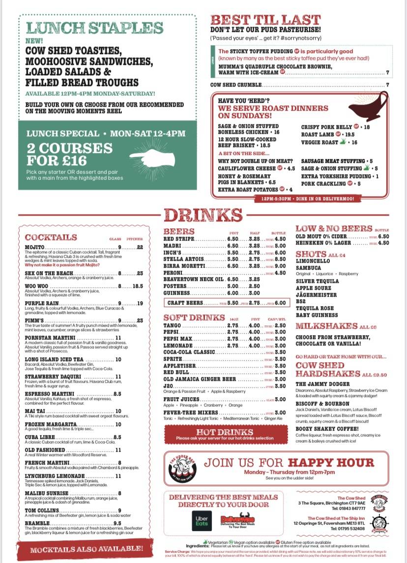 Menu at The Cow Shed at The Ship Inn pub & bar, Faversham