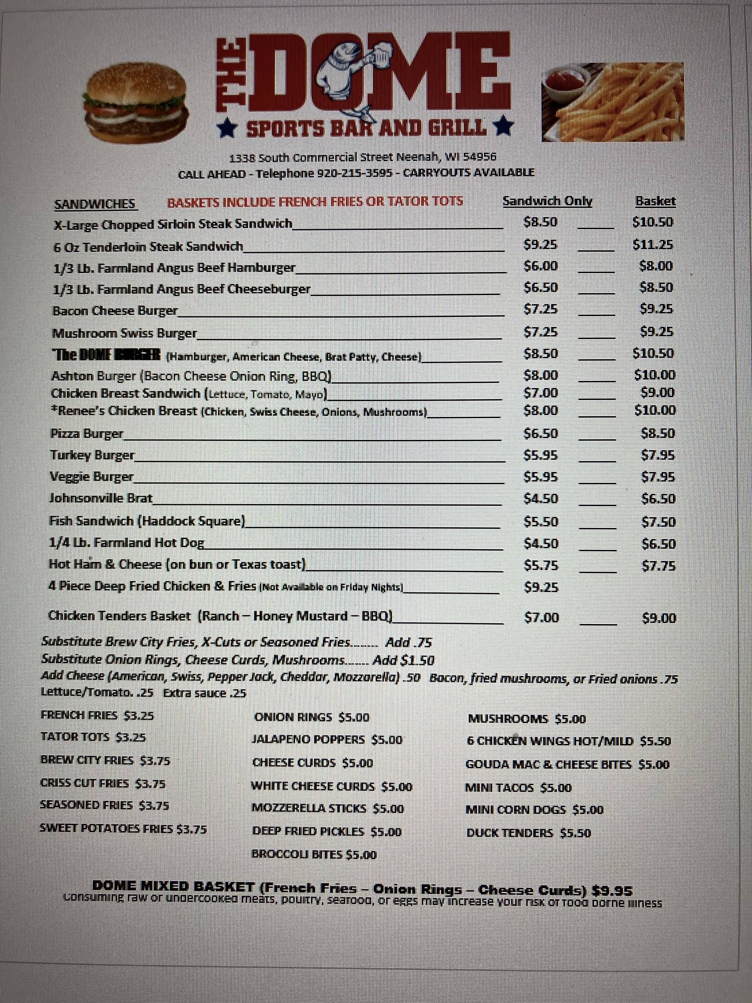 Menu at The Dome Sports Bar & Grill, Neenah, S Commercial St