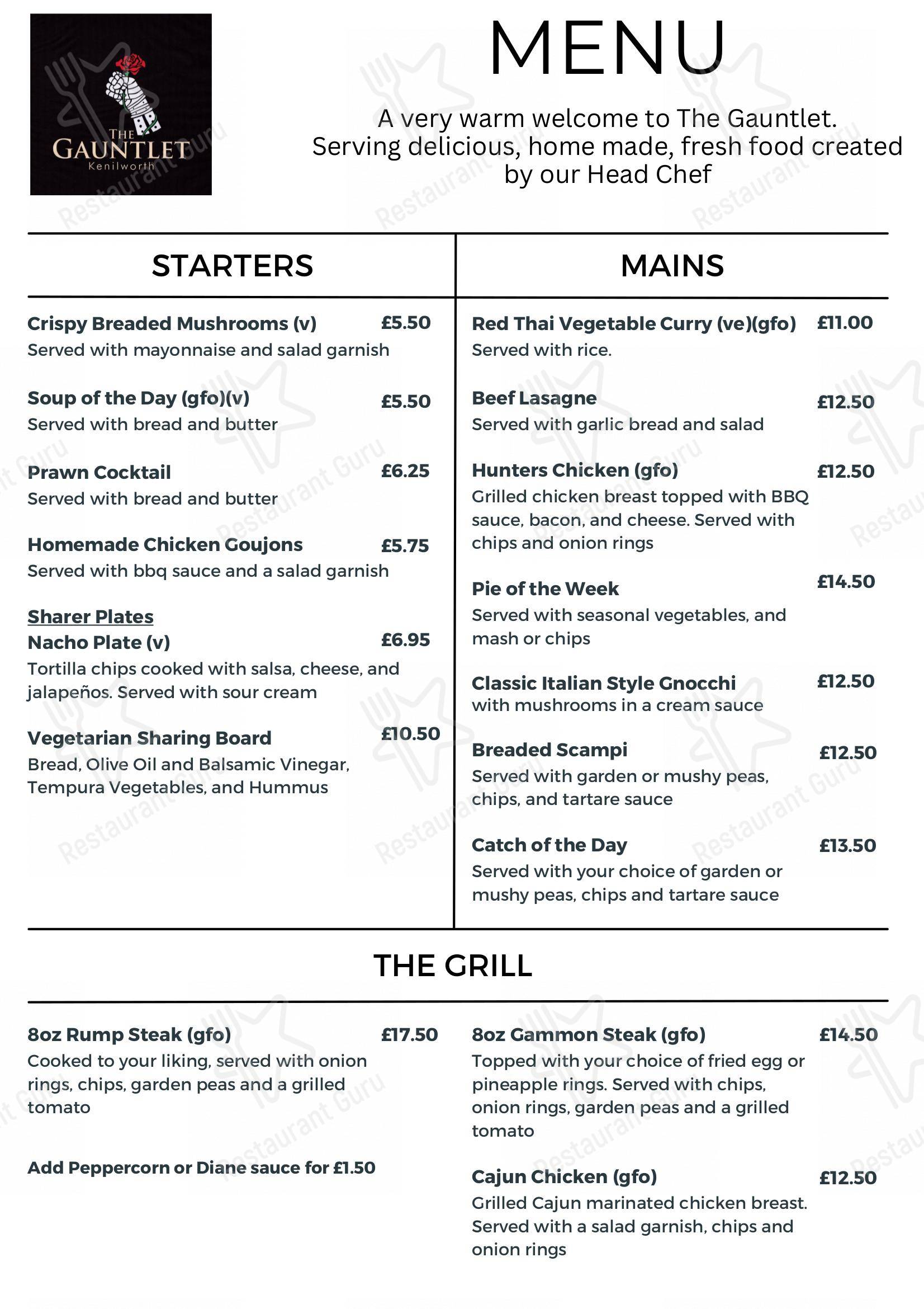 Menu at The Gauntlet pub & bar, Kenilworth