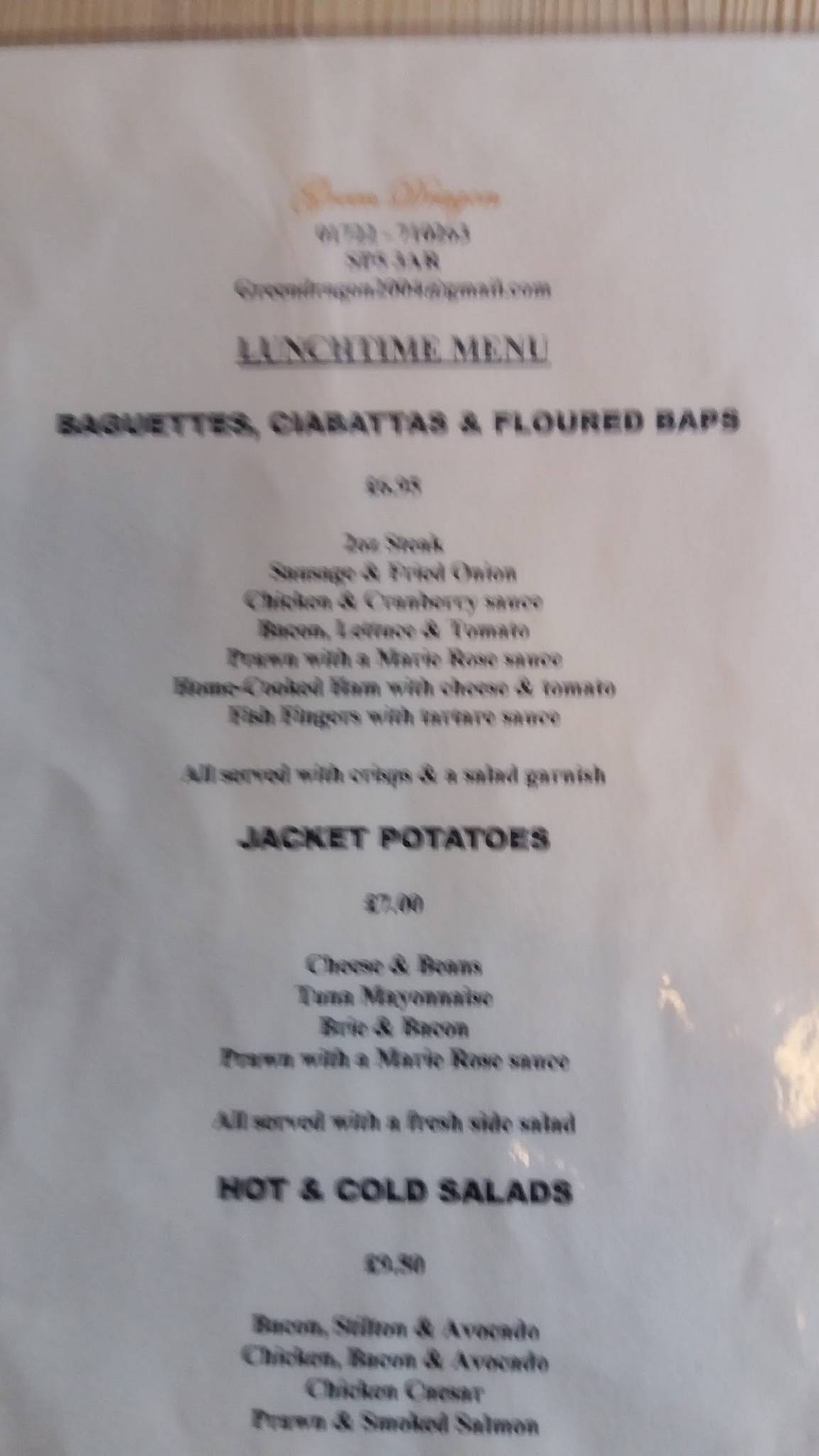 Menu at The Green Dragon pub & bar, Alderbury