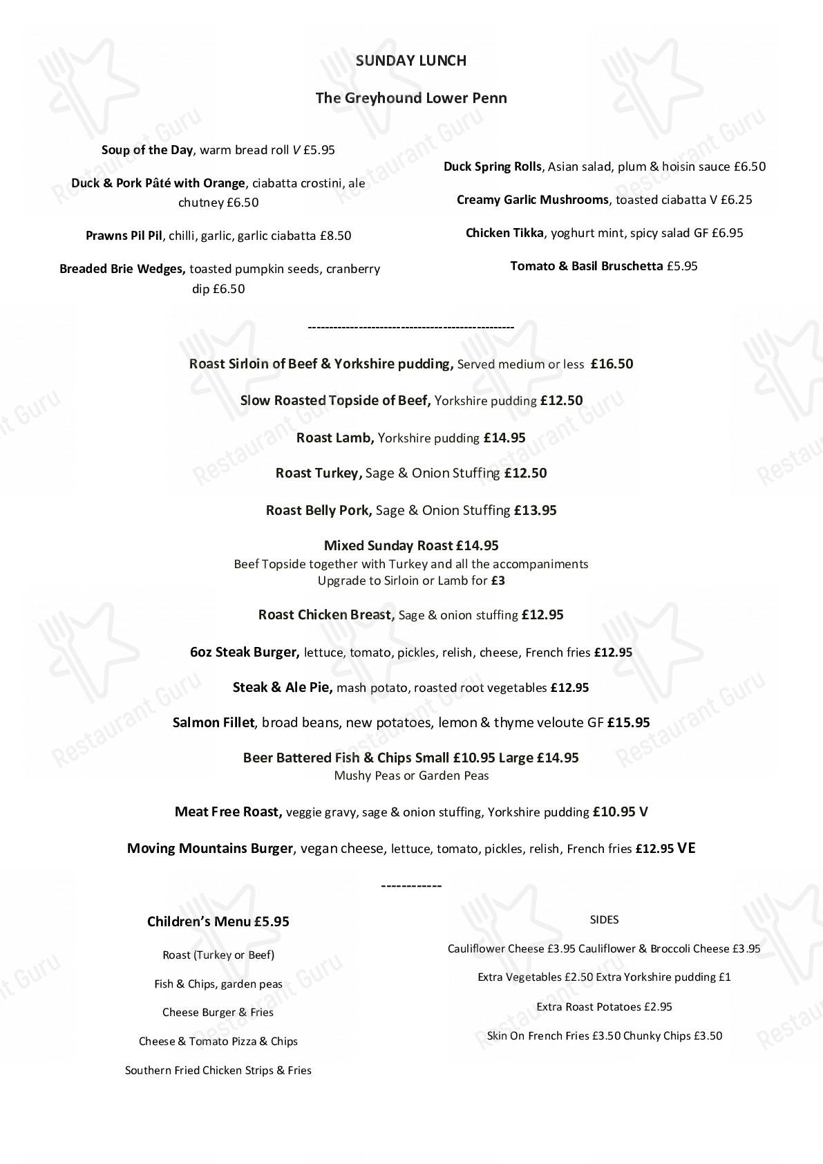 Menu at The Greyhound Inn pub & bar, Wolverhampton, The Greyhound