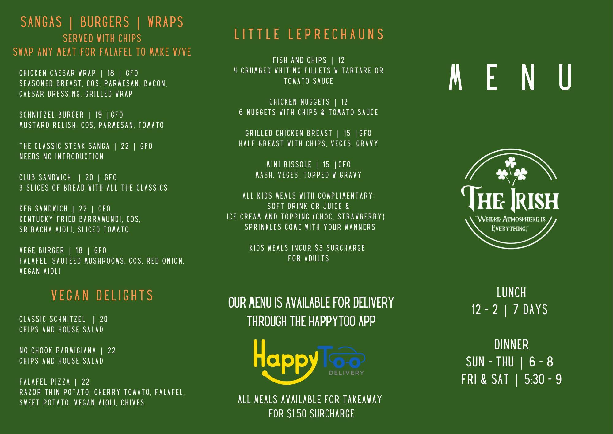 Menu at The Irish pub & bar, Toowoomba City