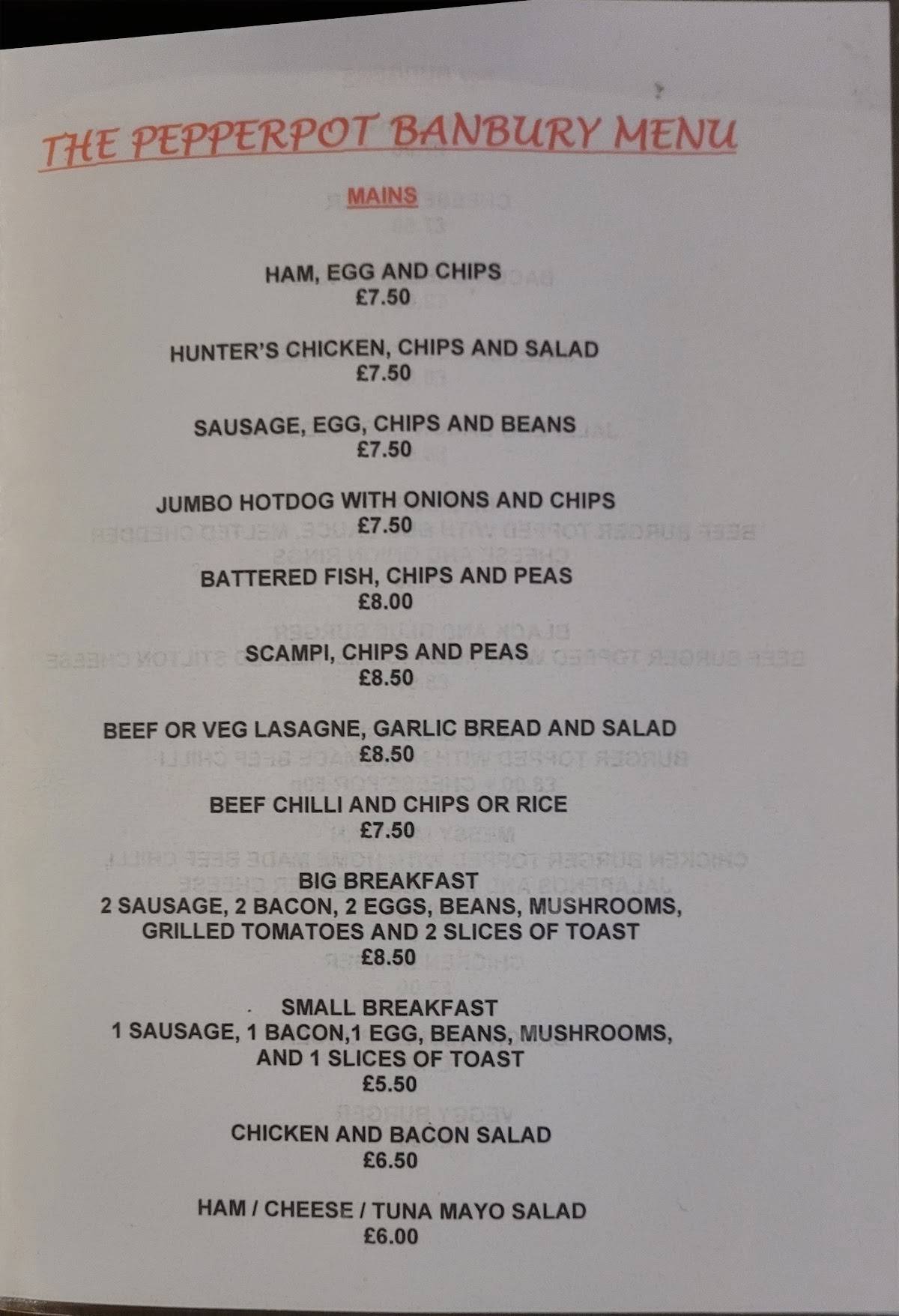 Menu at The Pepper Pot Banbury pub & bar, Banbury